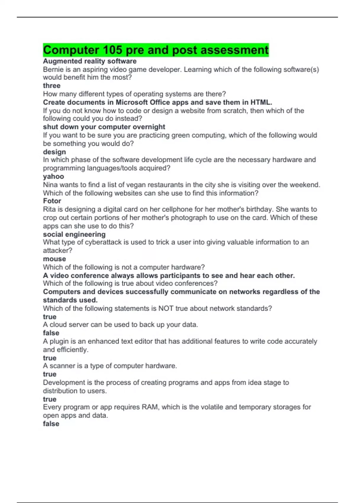 Computer 105 pre and post assessment - Computer 105 - Stuvia US