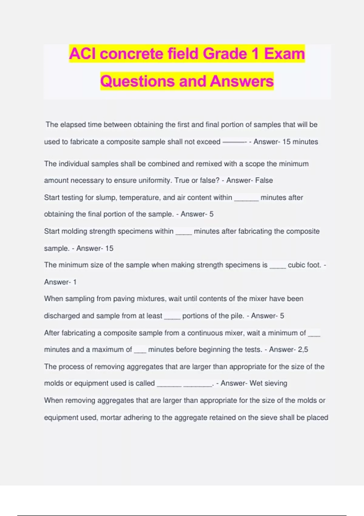 ACI concrete field Grade 1 Exam Questions and Answers - ACI - Stuvia US