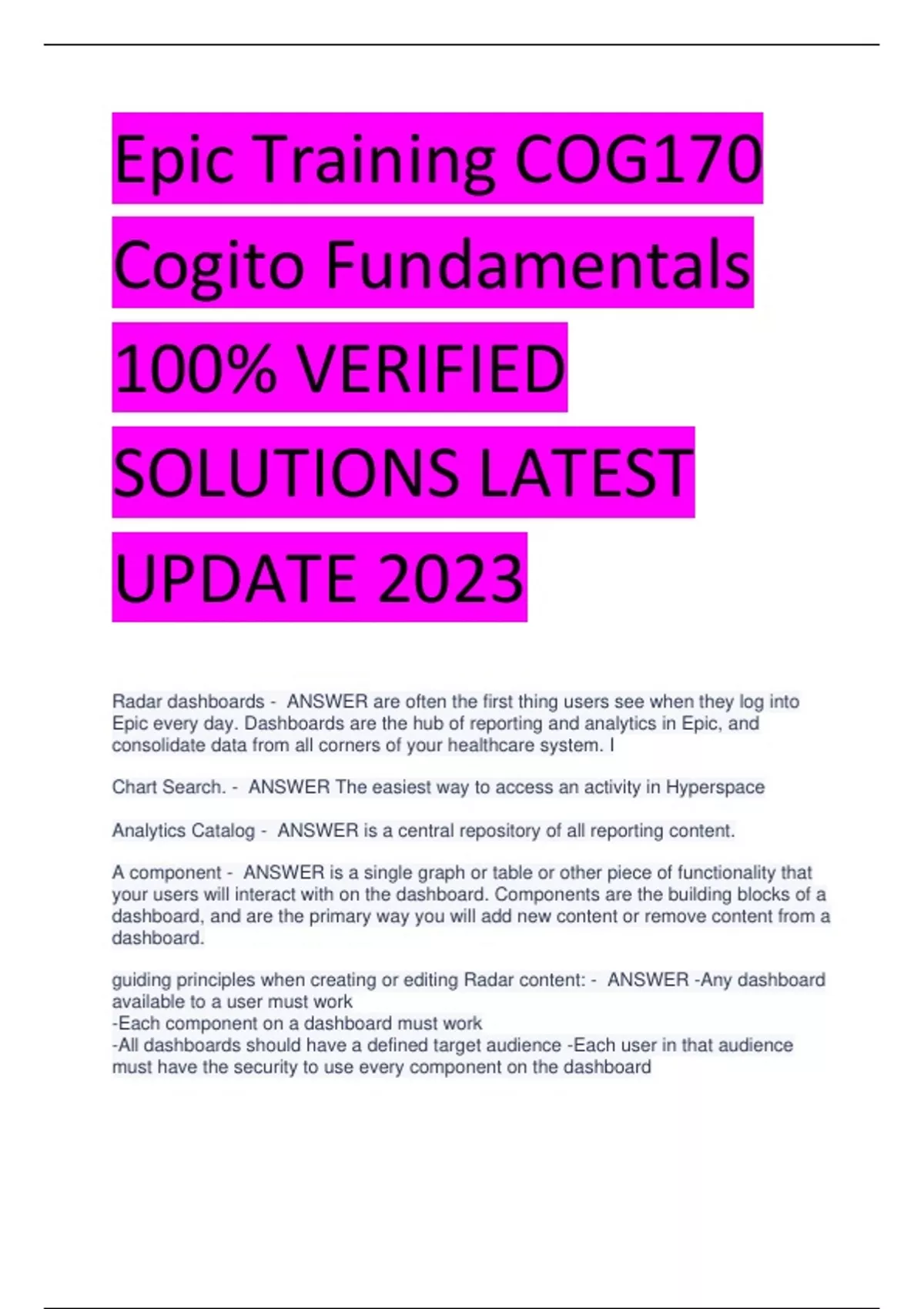 Epic Training COG170 Cogito Fundamentals 100% VERIFIED SOLUTIONS LATEST ...
