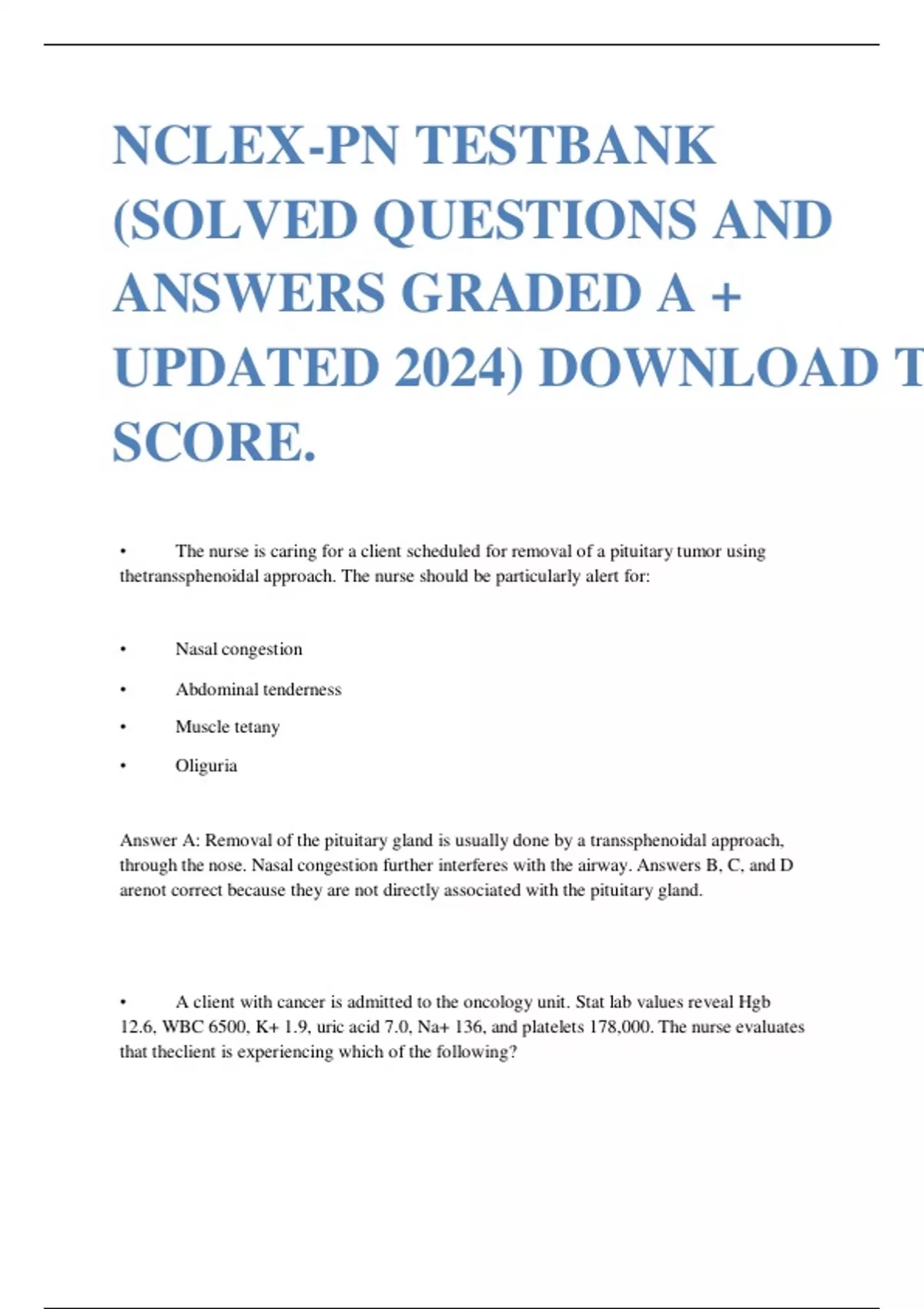 NCLEX-PN TESTBANK (SOLVED QUESTIONS AND ANSWERS GRADED A + UPDATED 2024 ...