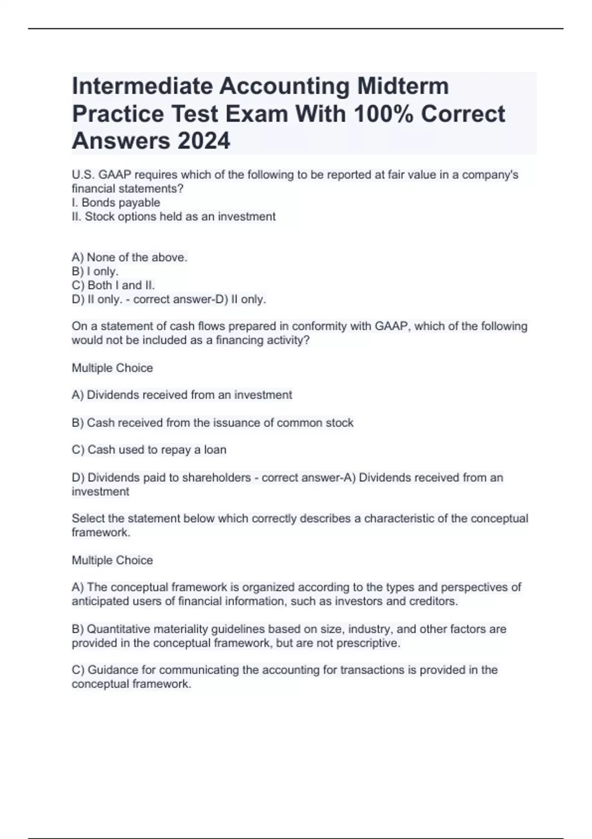 Intermediate Accounting Midterm Practice Test Exam With 100% Correct ...