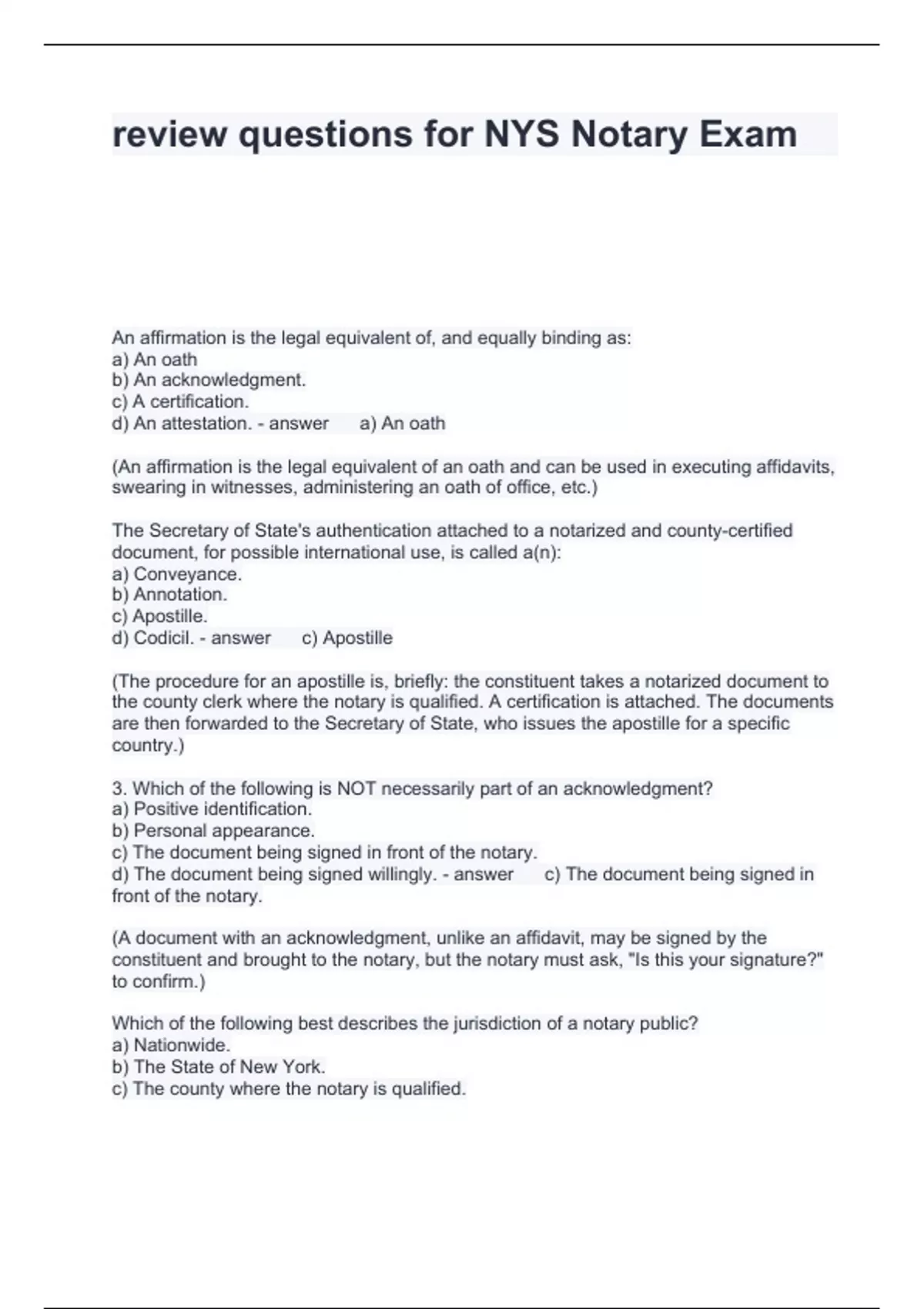 review questions for NYS Notary Exam Questions and Answers 2024 - New ...