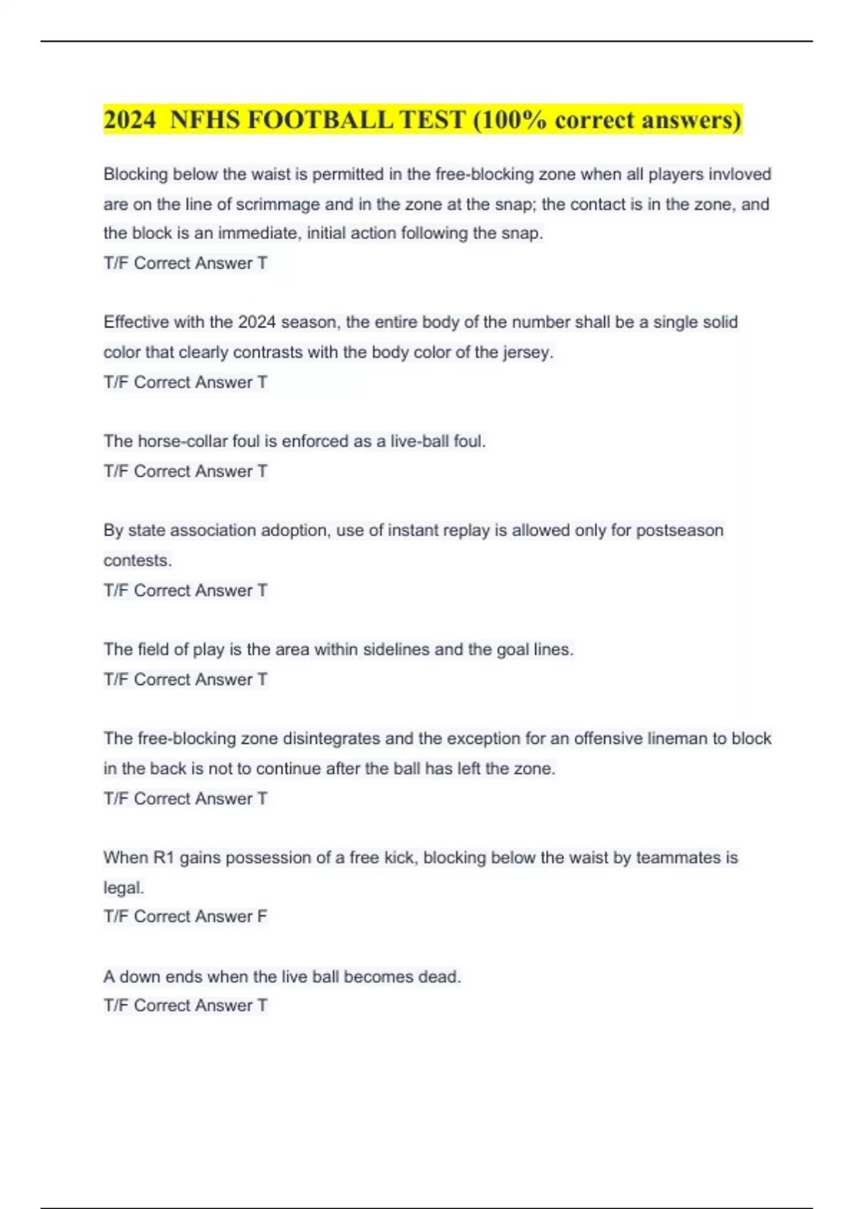 2024 NFHS FOOTBALL TEST (100% correct answers) - NFHS Football - Stuvia US