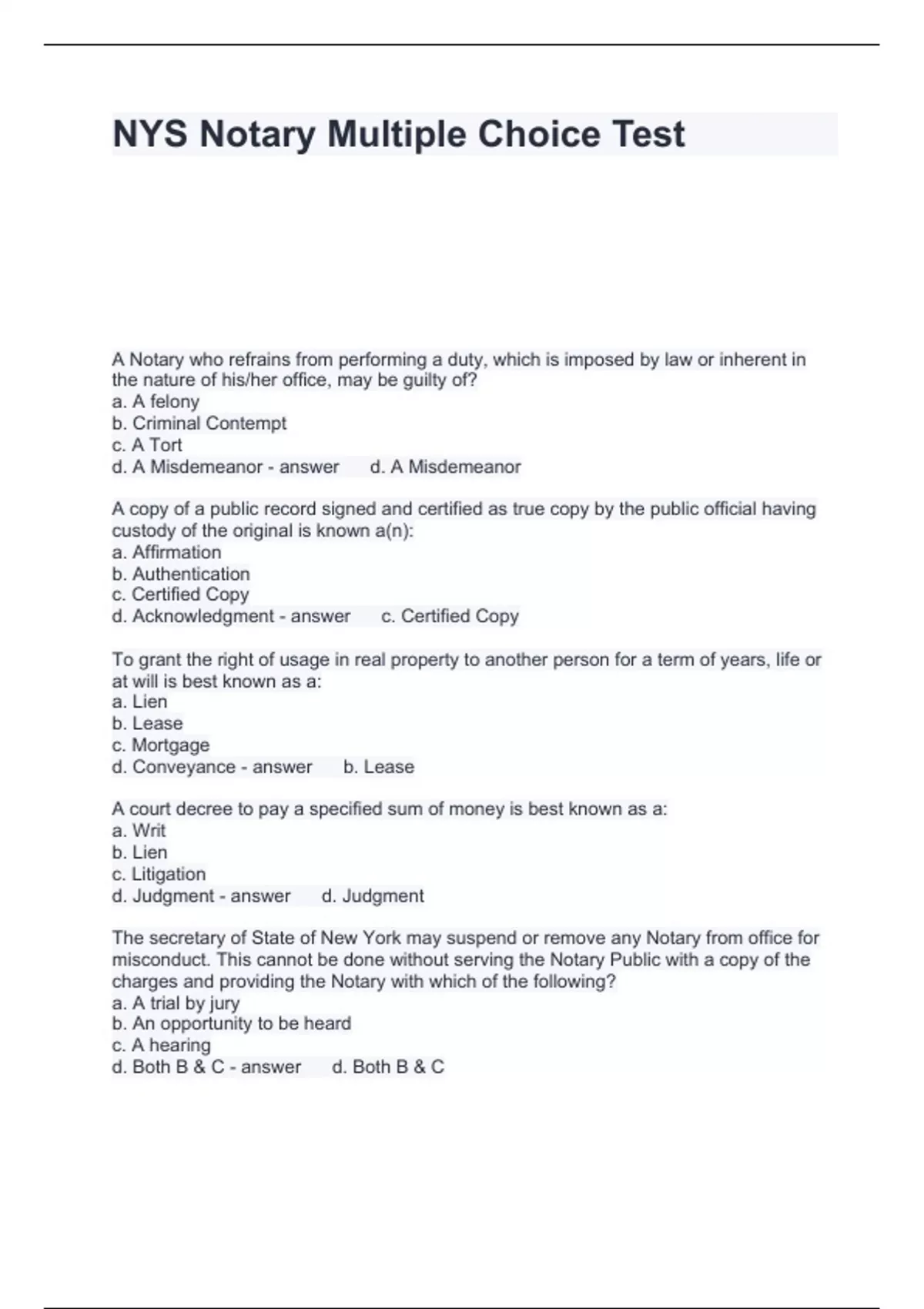 NYS Notary Multiple Choice Test Questions with correct Answers 2024 ...