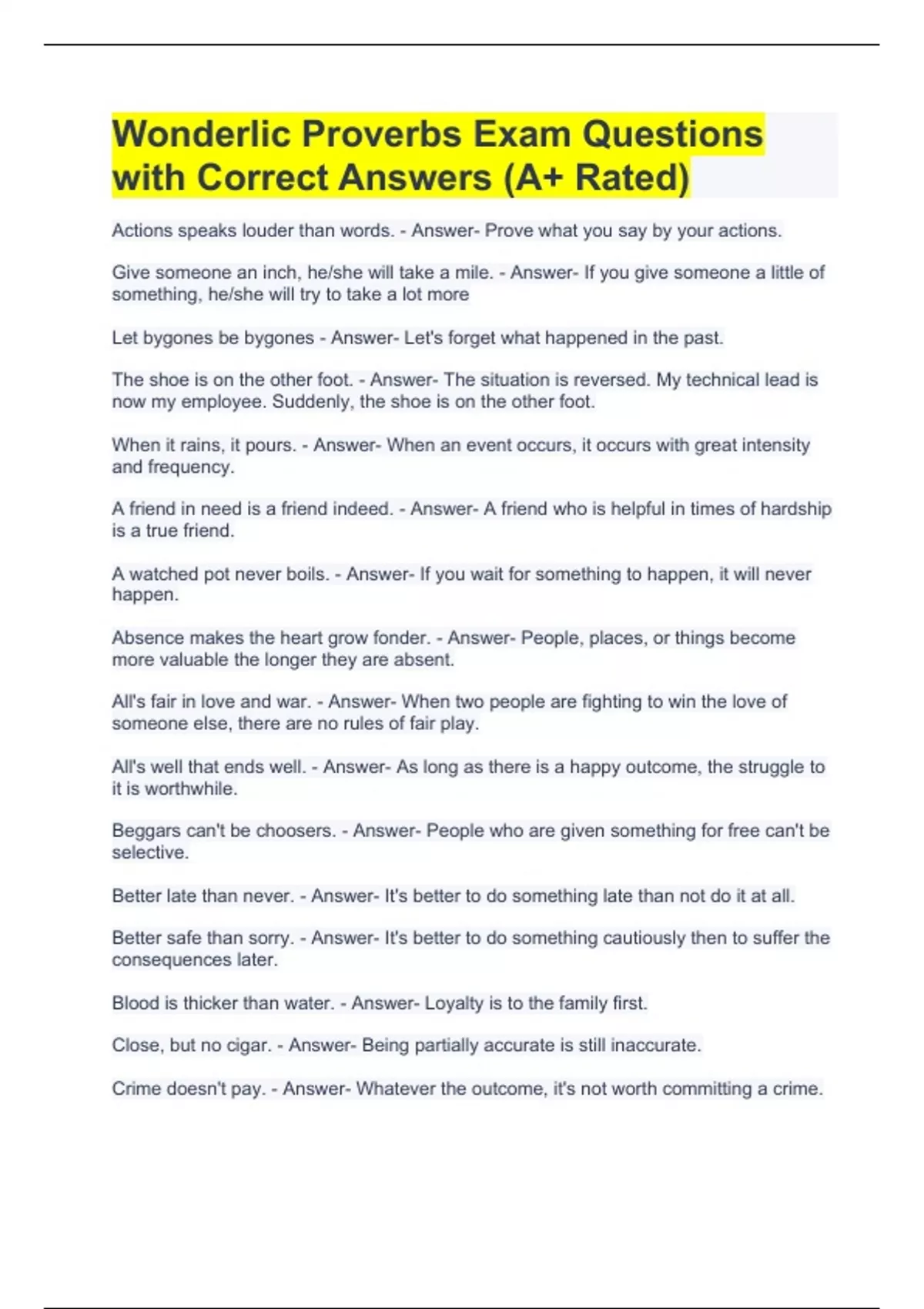 Wonderlic Proverbs Exam Questions with Correct Answers 2024 - Wonderlic ...