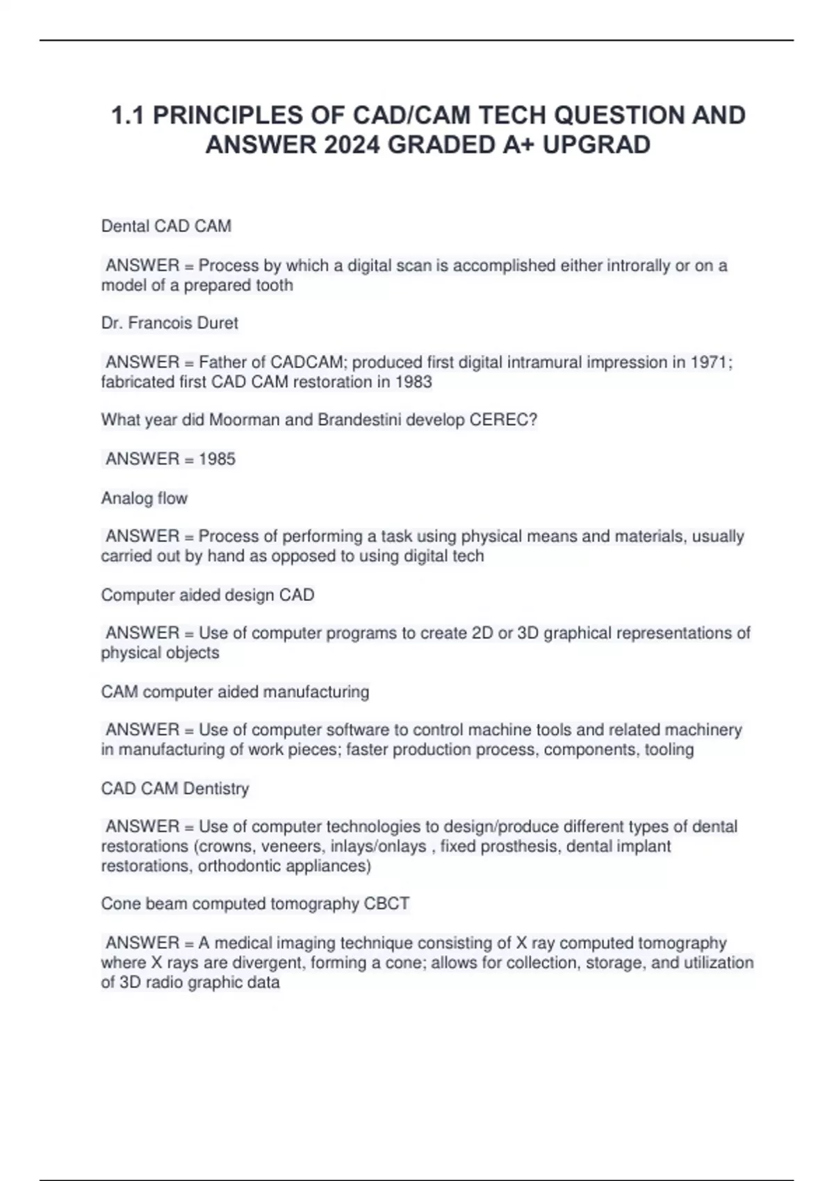 1.1 PRINCIPLES OF CAD/CAM TECH QUESTION AND ANSWER 2024 GRADED A+ UPGRADE - 1.1 PRINCIPLES OF ...