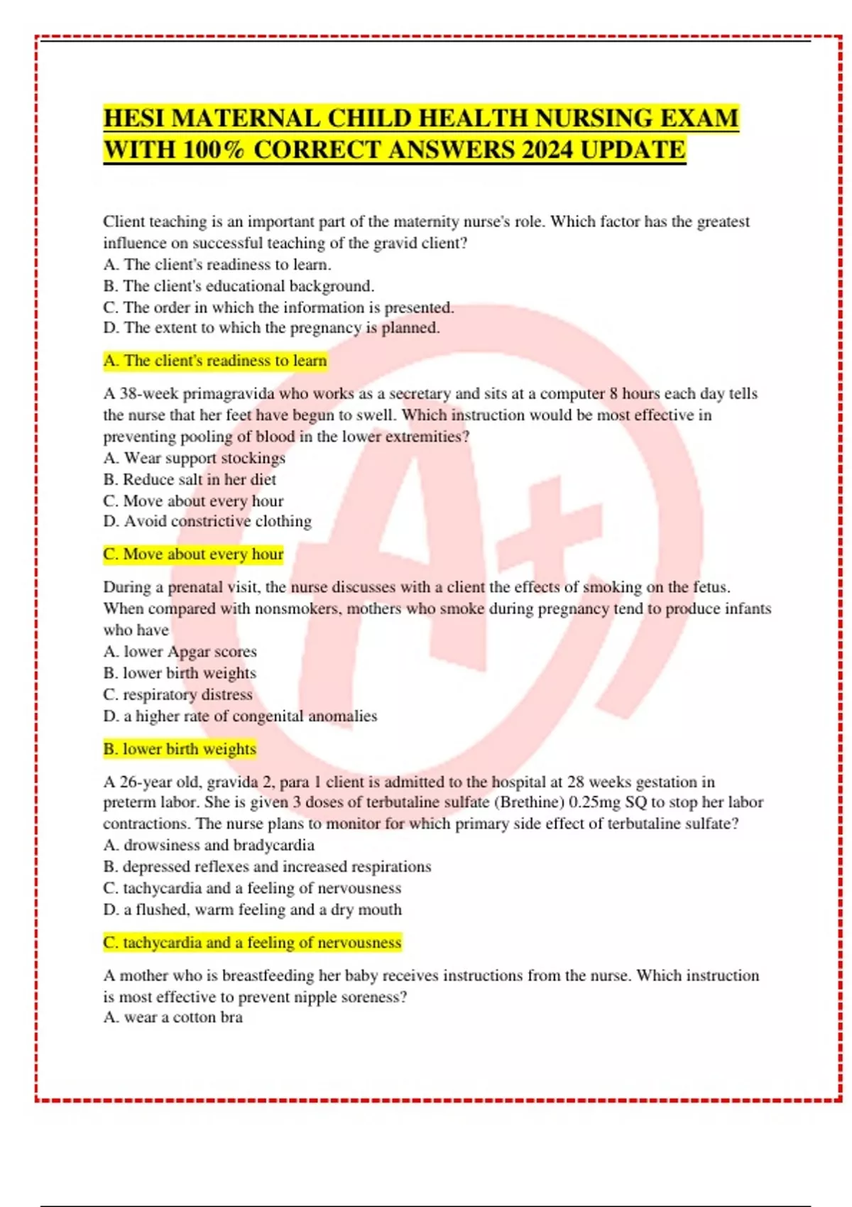 HESI MATERNAL CHILD HEALTH NURSING EXAM WITH 100% CORRECT ANSWERS 2024 ...