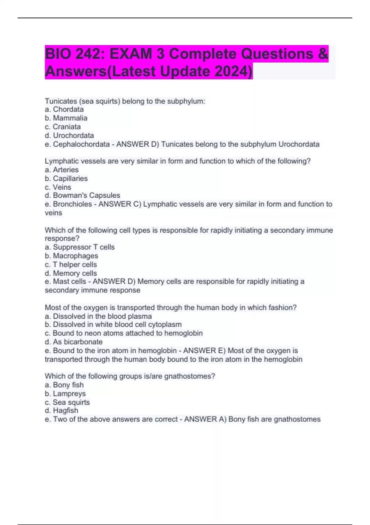 BIO 242: EXAM 3 Complete Questions & Answers(Latest Update 2024) - BIO ...