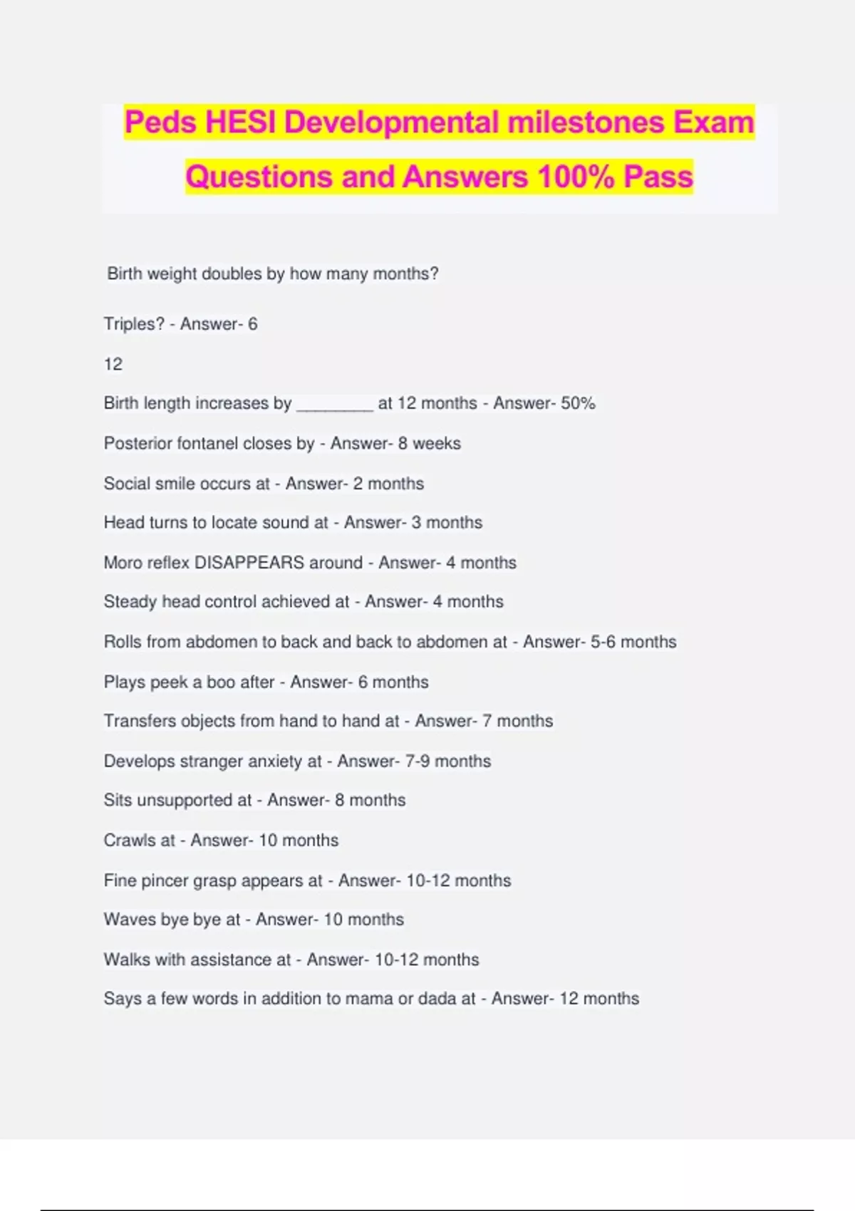 Peds HESI Developmental milestones Exam Questions and Answers 100% Pass ...