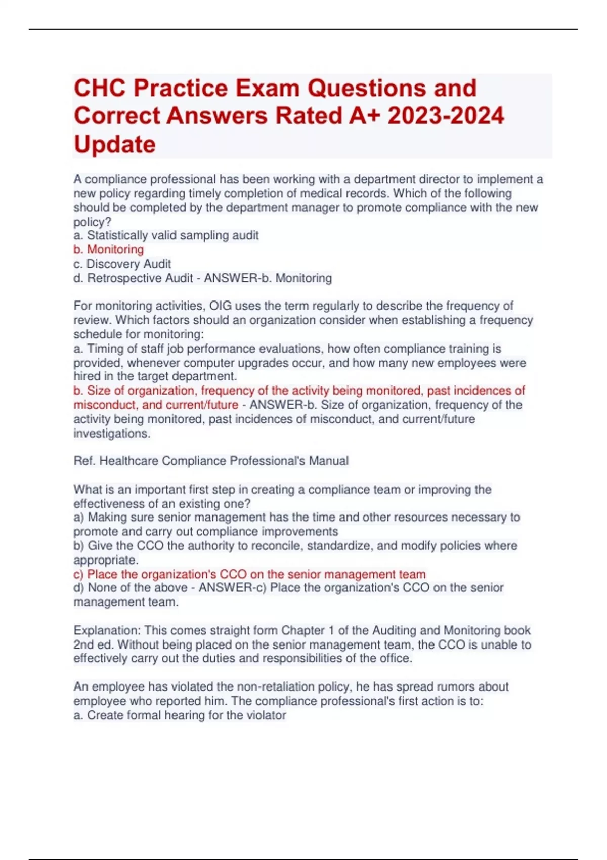 CHC Practice Exam Questions and Correct Answers Rated A+ UpdateCHC ...