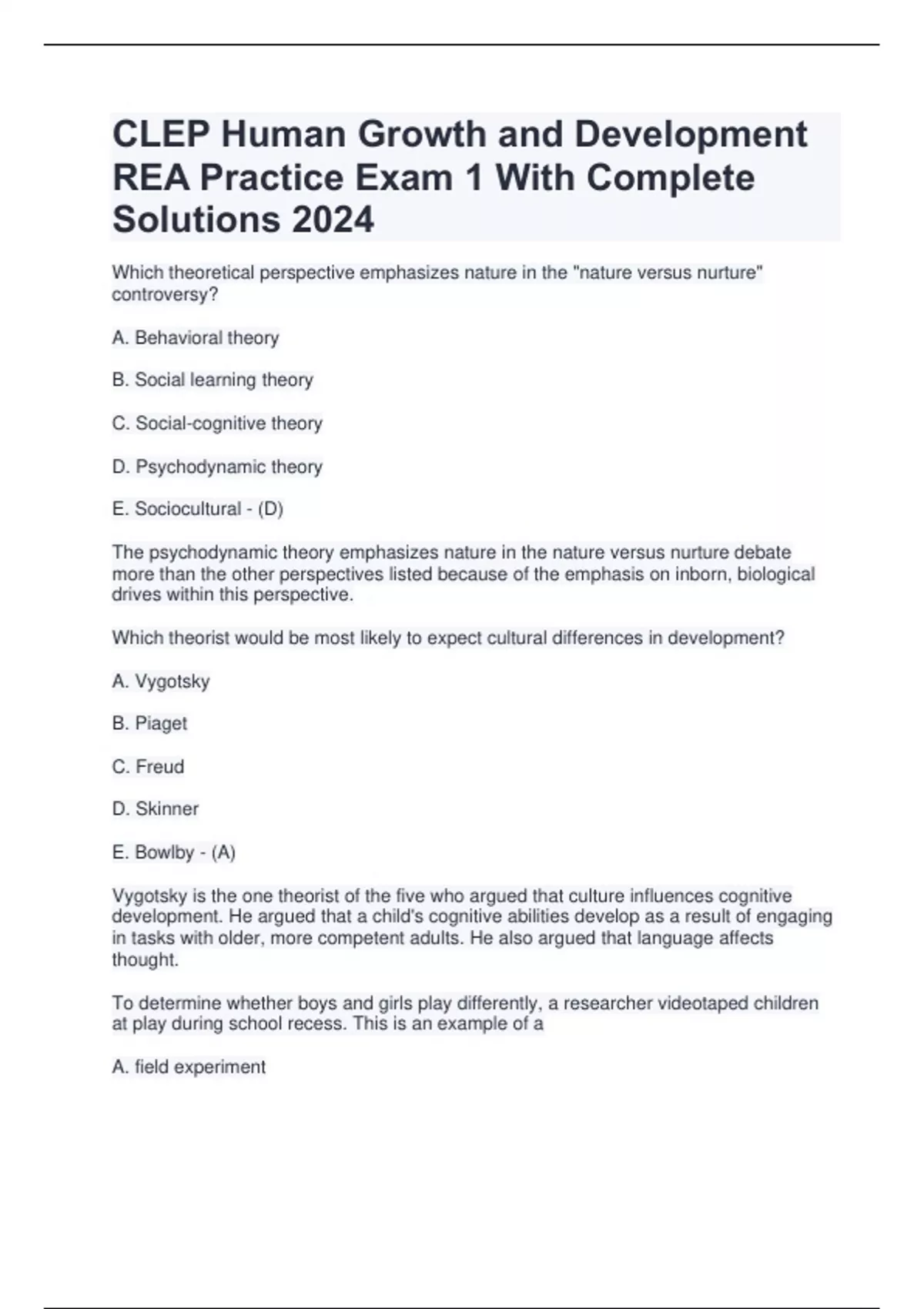 CLEP Human Growth and Development REA Practice Exam 1 With Complete Solutions 2024 - CLEP Human ...