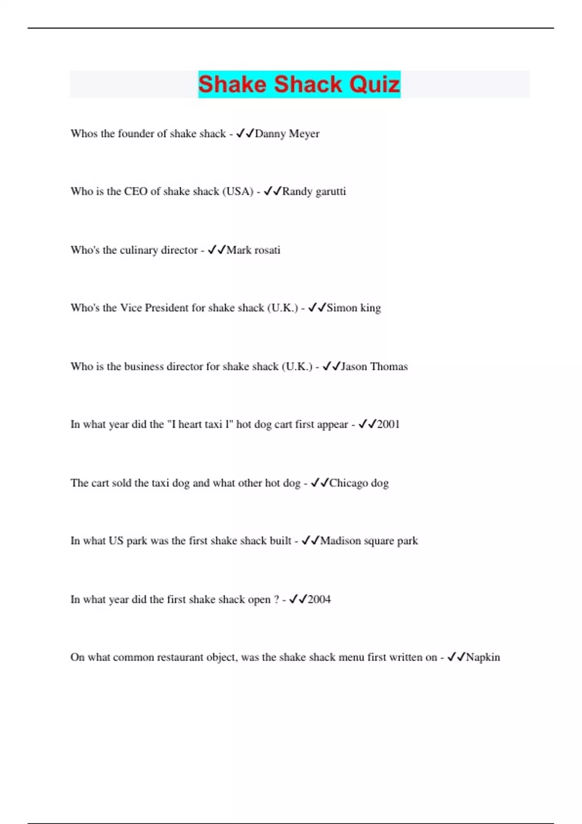 Shake Shack Quiz | Questions with 100% Correct Answers | Latest Update ...