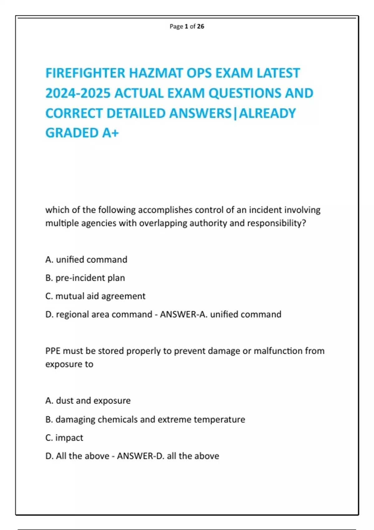 FIREFIGHTER HAZMAT OPS EXAM LATEST ACTUAL EXAM QUESTIONS AND CORRECT ...