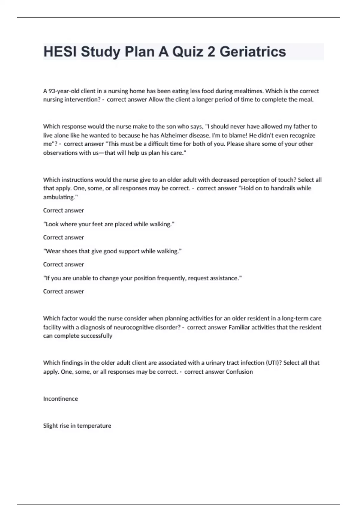 HESI Study Plan A Quiz 2 Geriatrics verified to pass 2024/2025 latest ...