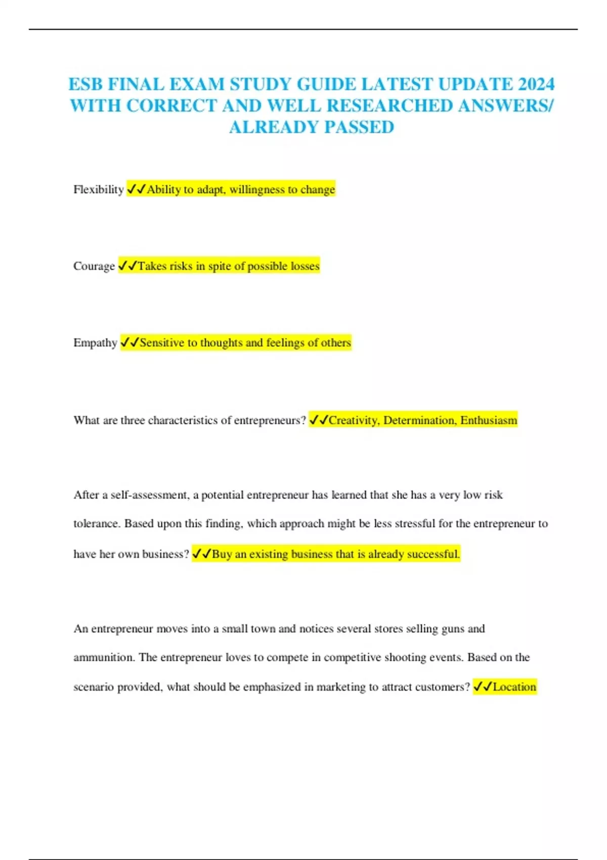 ESB FINAL EXAM STUDY GUIDE LATEST UPDATE 2024 WITH CORRECT AND WELL ...