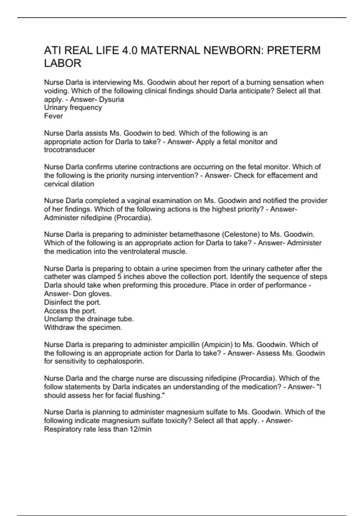 ATI REAL LIFE 4.0 MATERNAL NEWBORN: PRETERM LABOR - ATI REAL LIFE ...