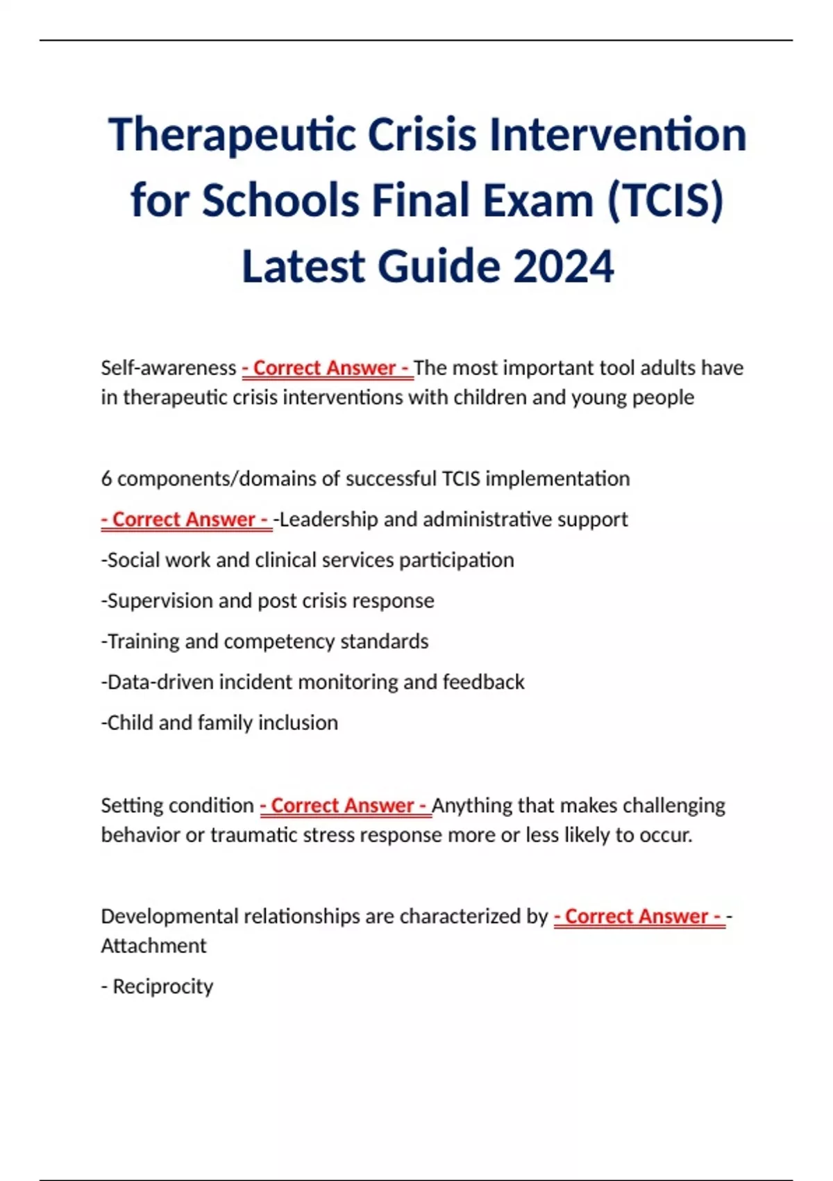 Therapeutic Crisis Intervention for Schools Final Exam (TCIS) Latest ...