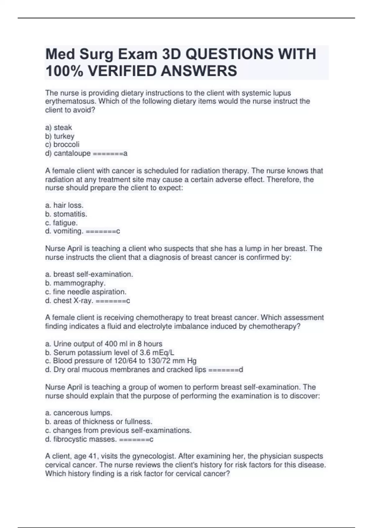 Med Surg Exam 3D QUESTIONS WITH 100% VERIFIED ANSWERS - Med Surg ...
