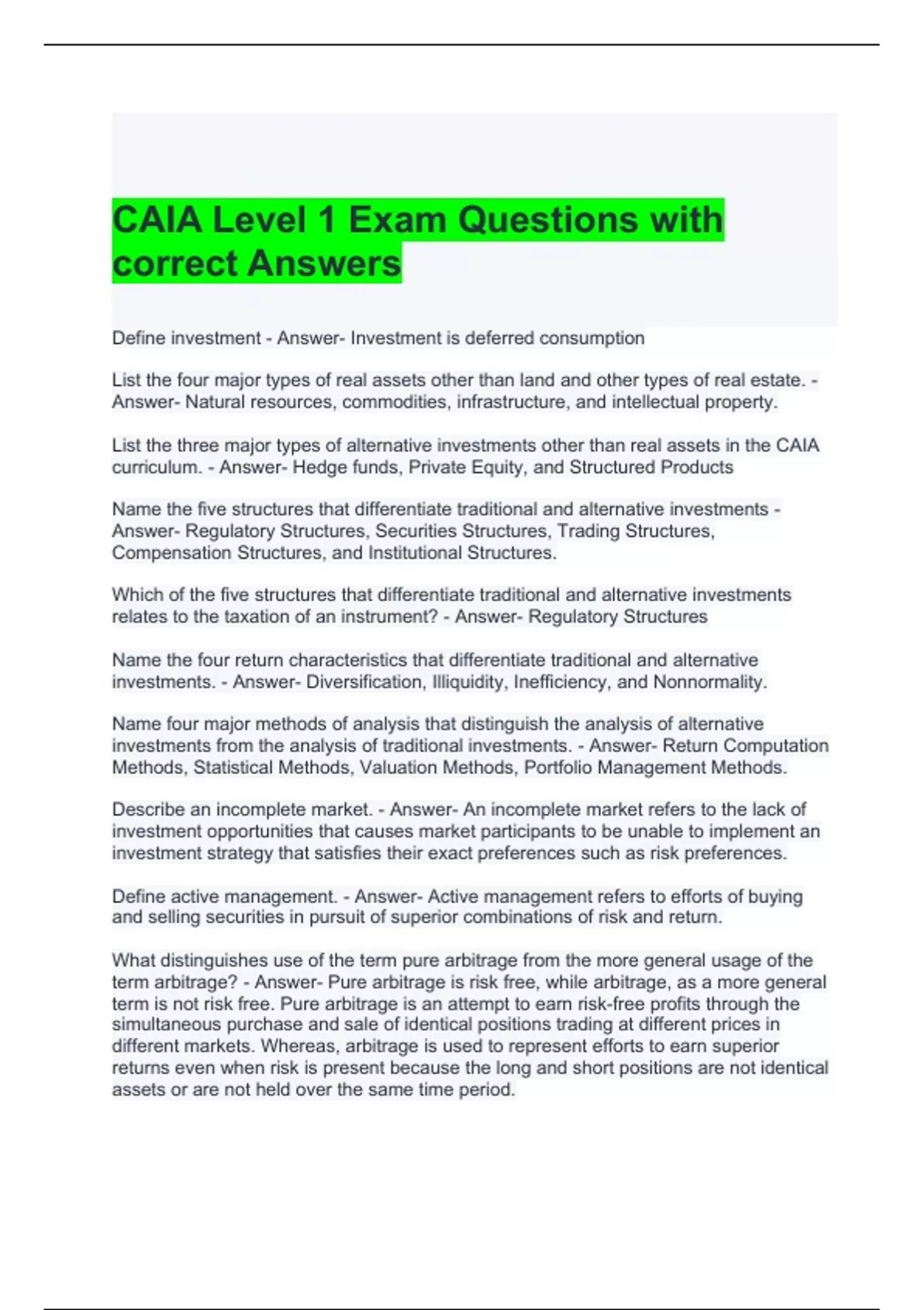 CAIA Level 1 Exam Questions with correct Answers- 2024 - CAIA - Stuvia US