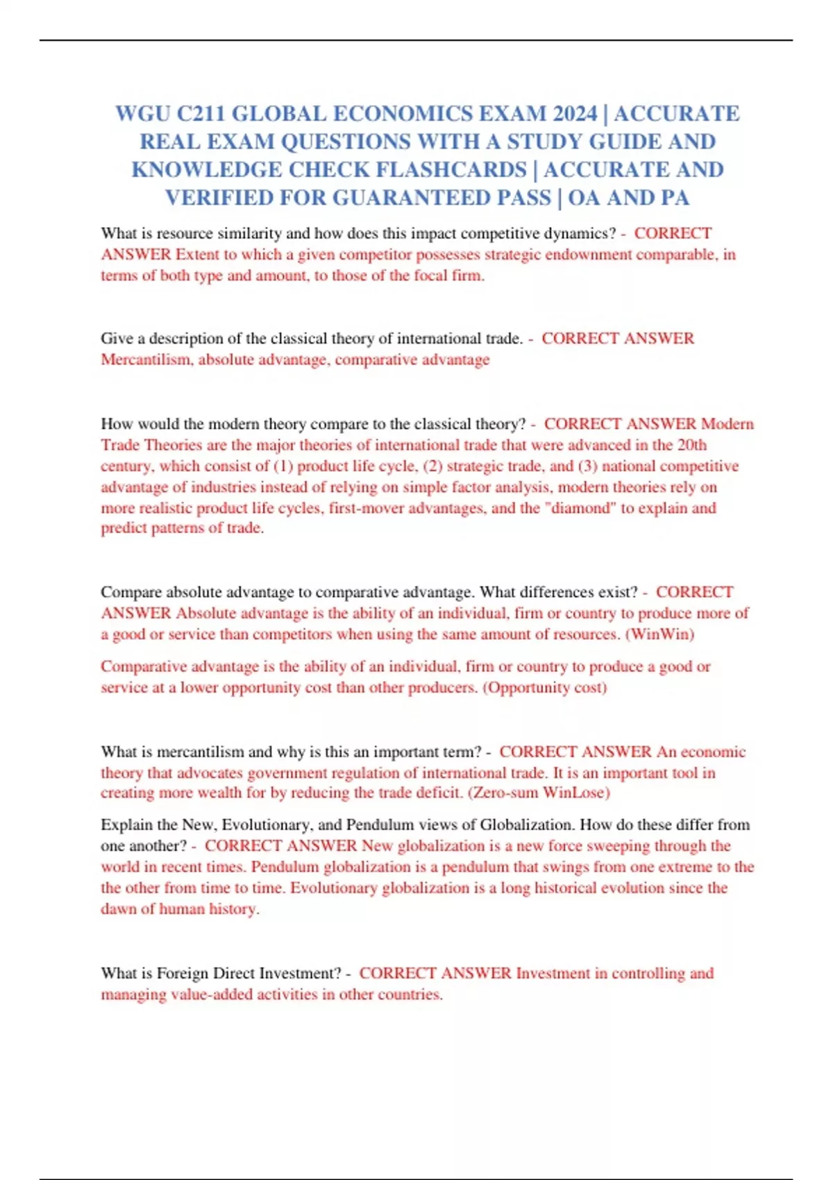 WGU C211 GLOBAL ECONOMICS EXAM 2024 | ACCURATE REAL EXAM QUESTIONS WITH ...