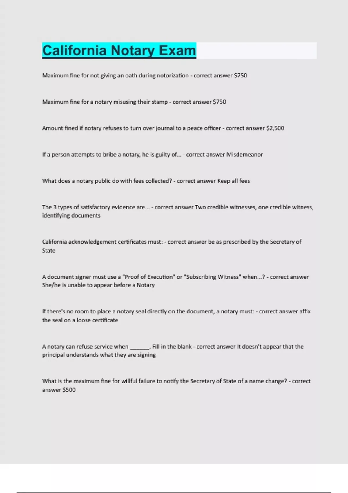 California Notary Exam Questions and answers latest update - California ...