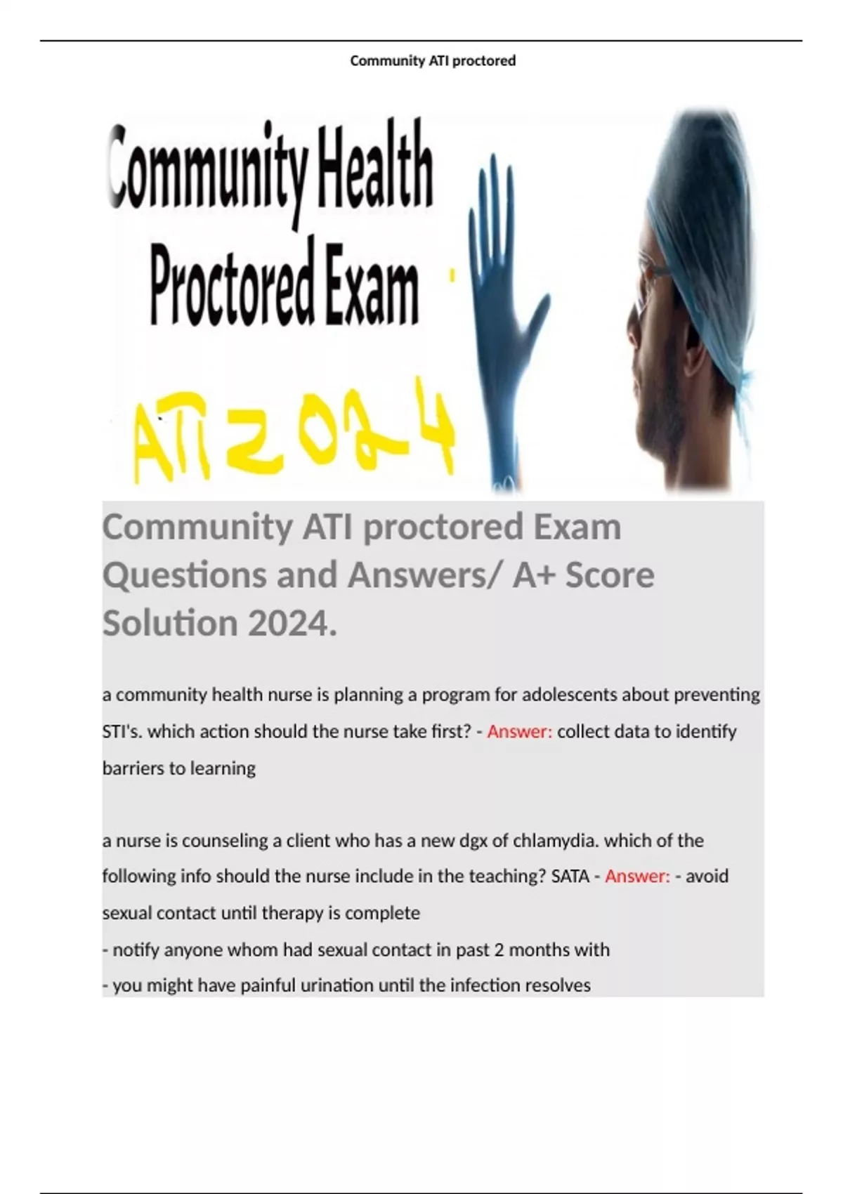 Community ATI proctored Exam Questions and Answers/ A+ Score Solution ...