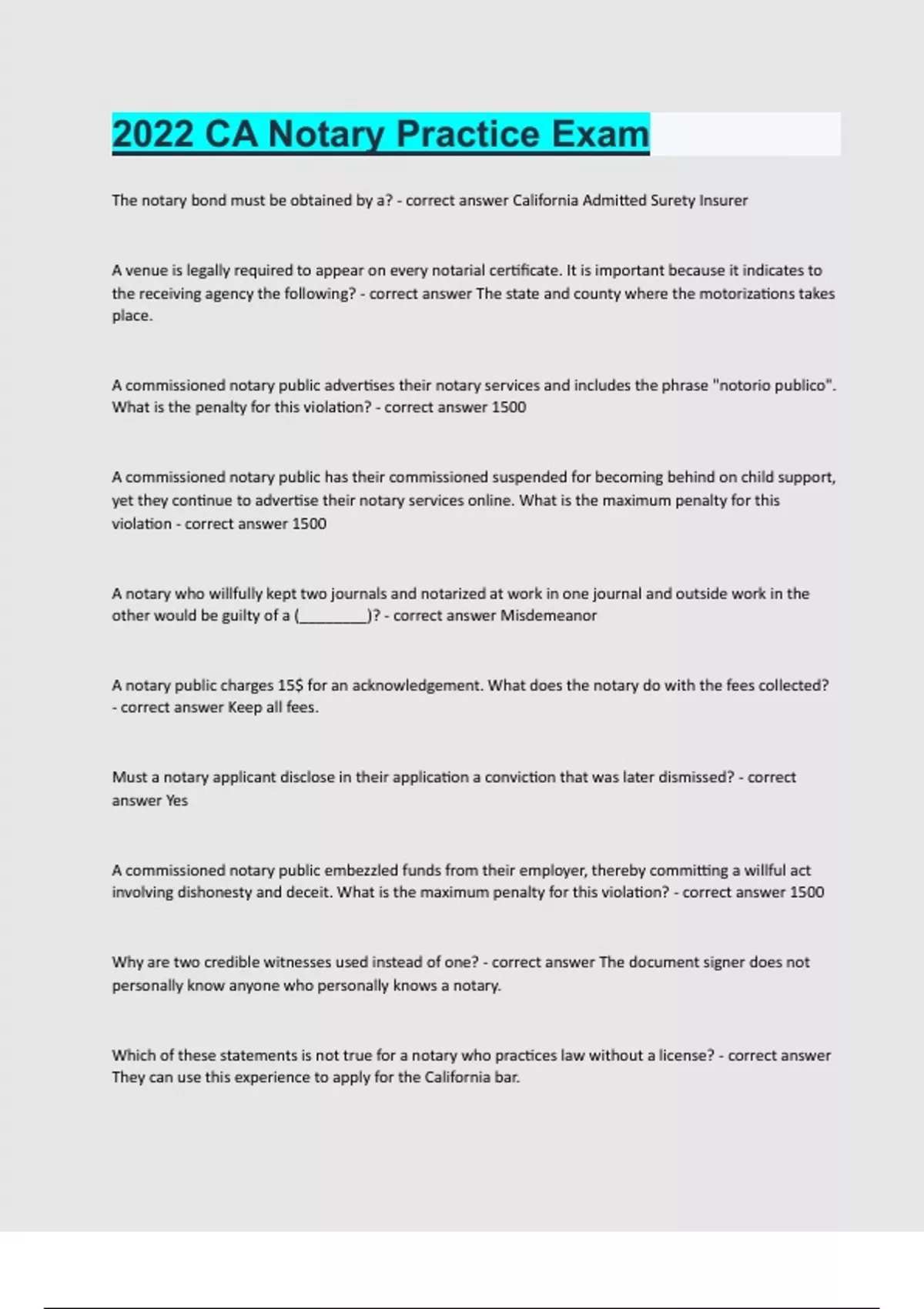 CA Notary Practice Exam Questions and answers latest update ...