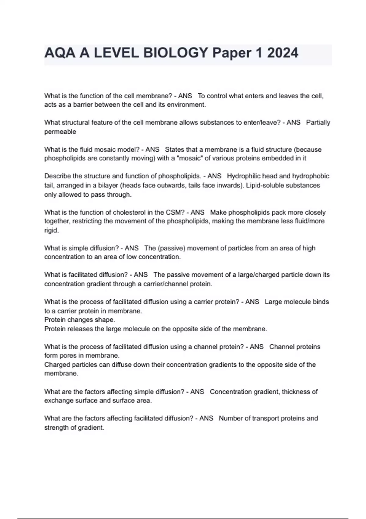 AQA A LEVEL BIOLOGY Paper 1 2024 - AQA A LEVEL BIOLOGY PAPER 2 JUNE ...