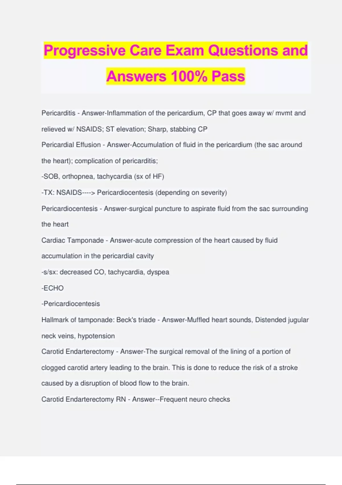 Progressive Care Exam Questions and Answers 100% Pass - Progressive ...