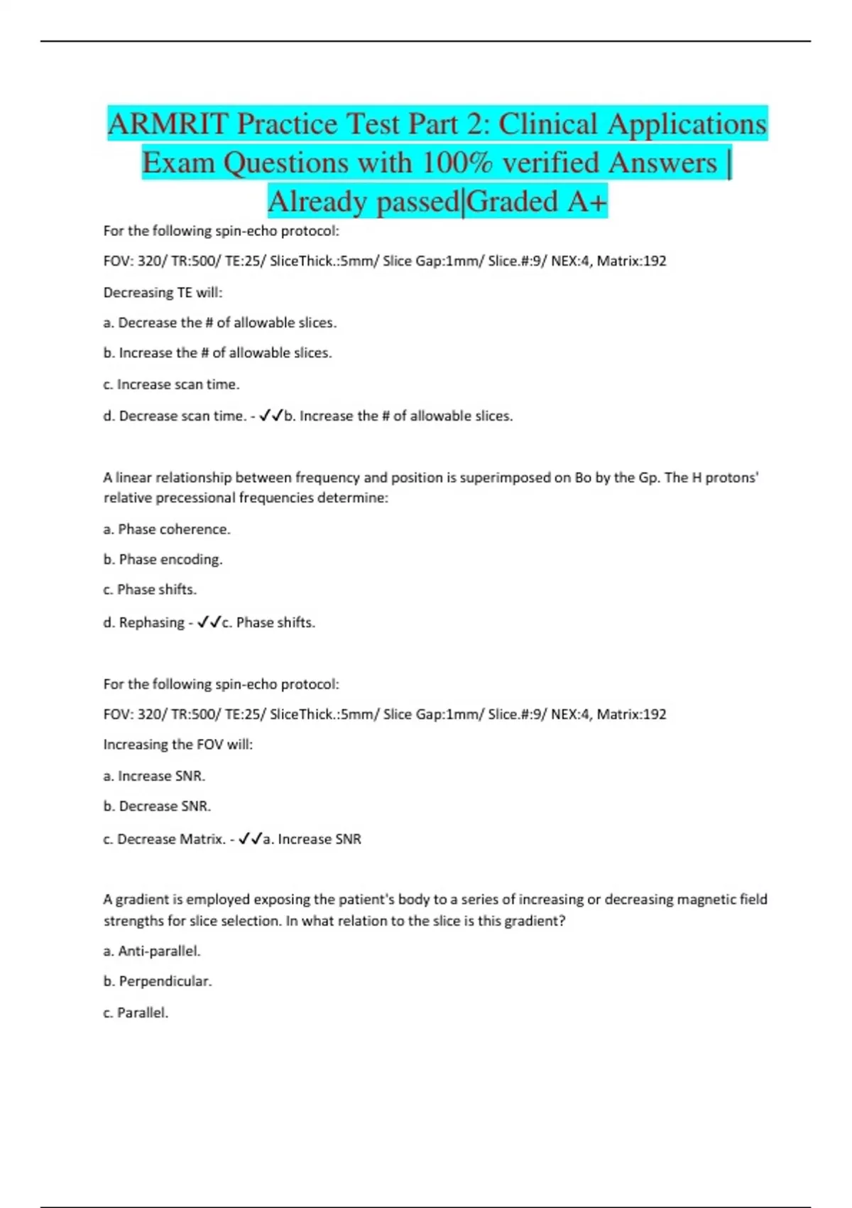 ARMRIT Practice Test Part 2: Clinical Applications Exam Questions with ...