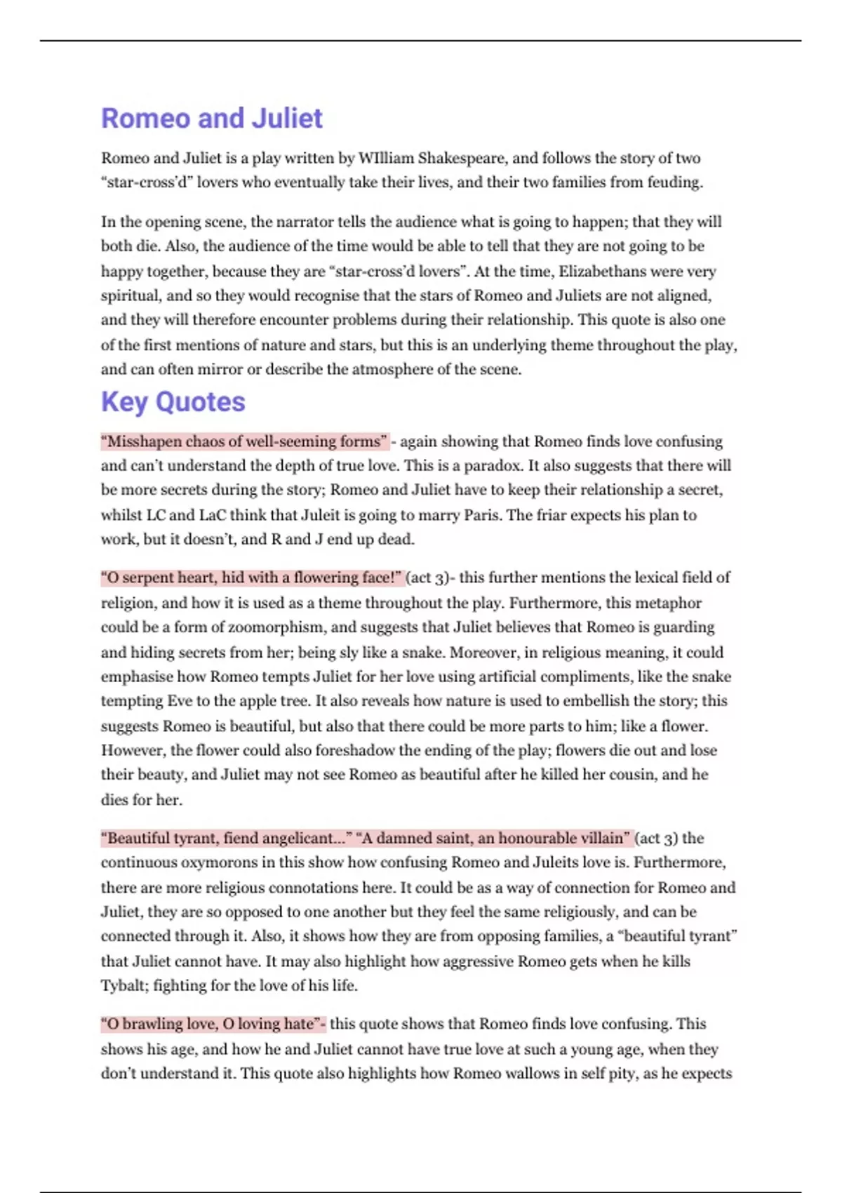 Summary Romeo and Juliet GCSE Revision Document - English - Stuvia UK