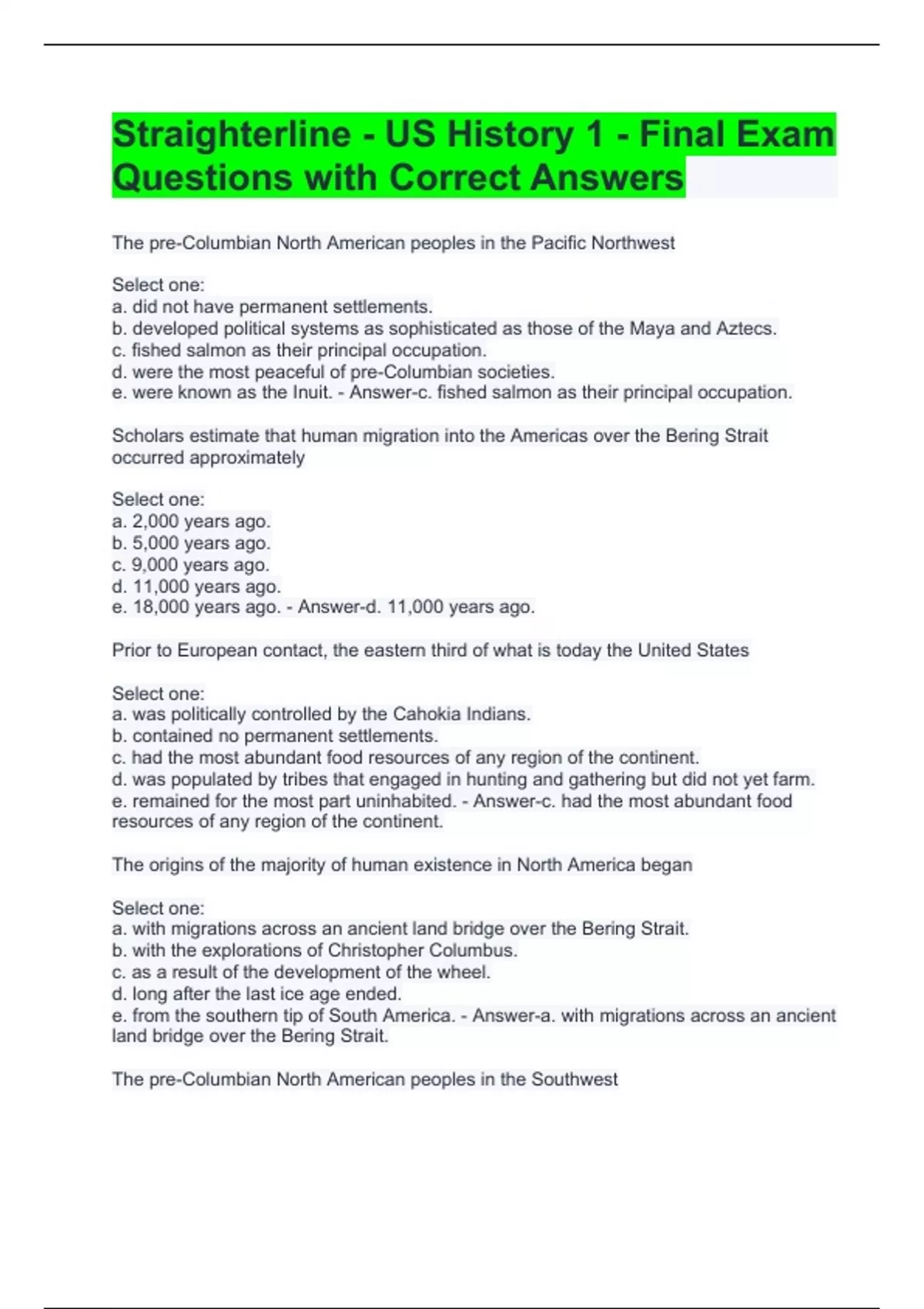 Straighterline - US History 1 - Final Exam Questions with Correct ...