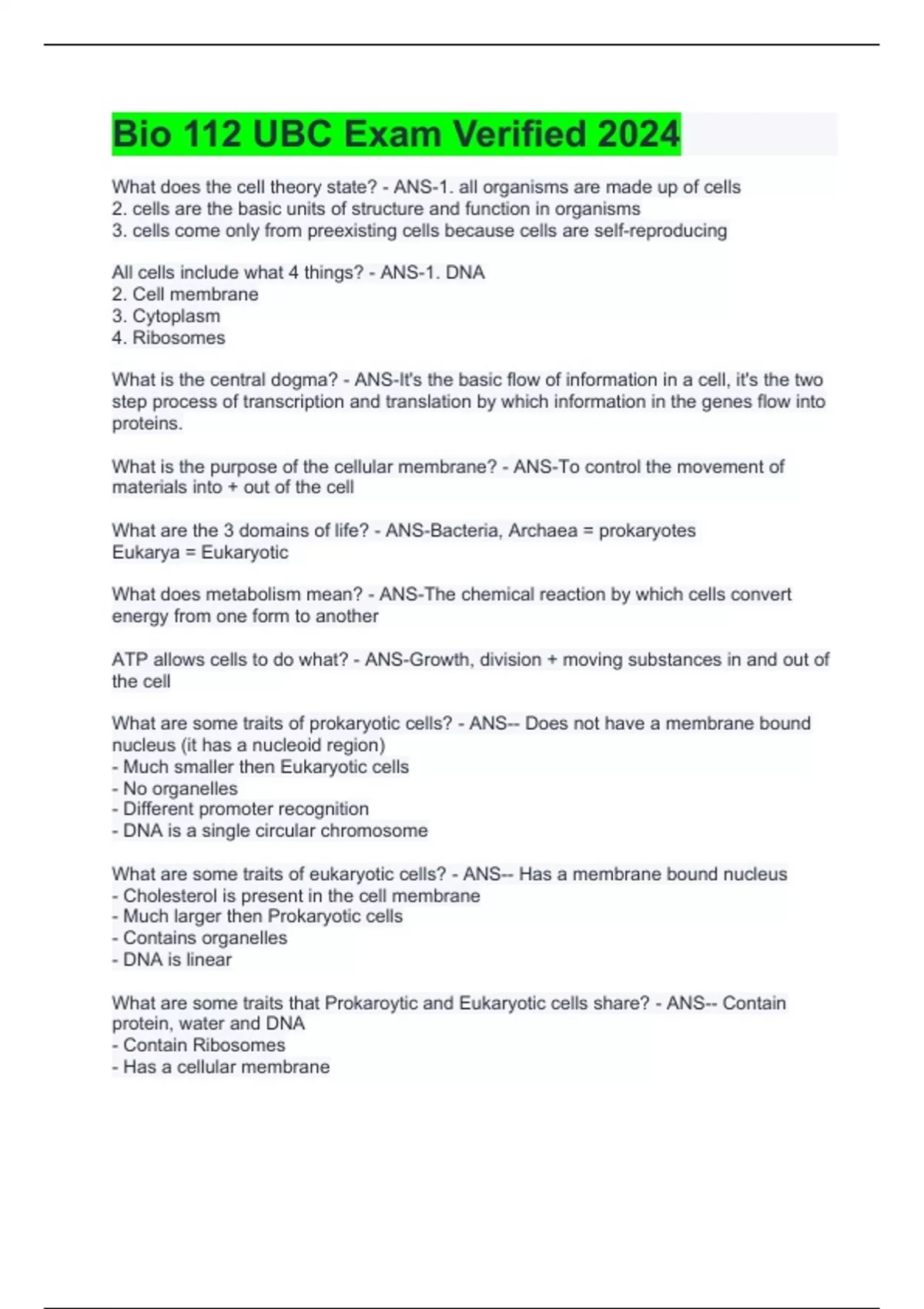 Bio 112 UBC Exam Verified 2024 - Bio 112 UBC - Stuvia US