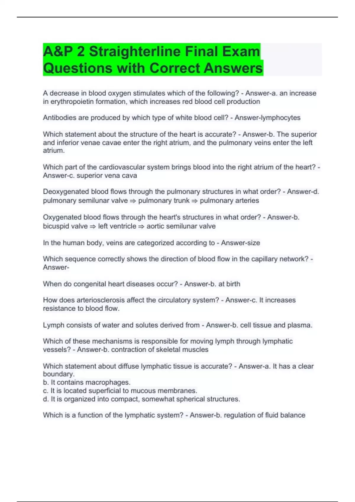 A&P 2 Straighterline Final Exam Questions with Correct Answers ...