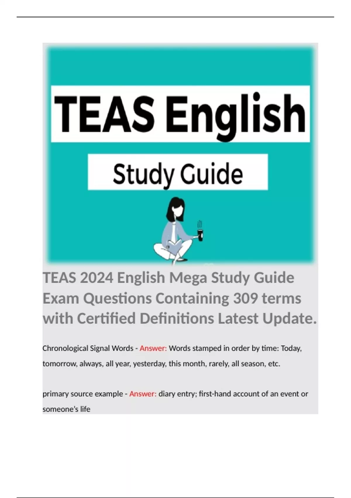 TEAS 2024 English Mega Study Guide Exam Questions Containing 309 terms ...