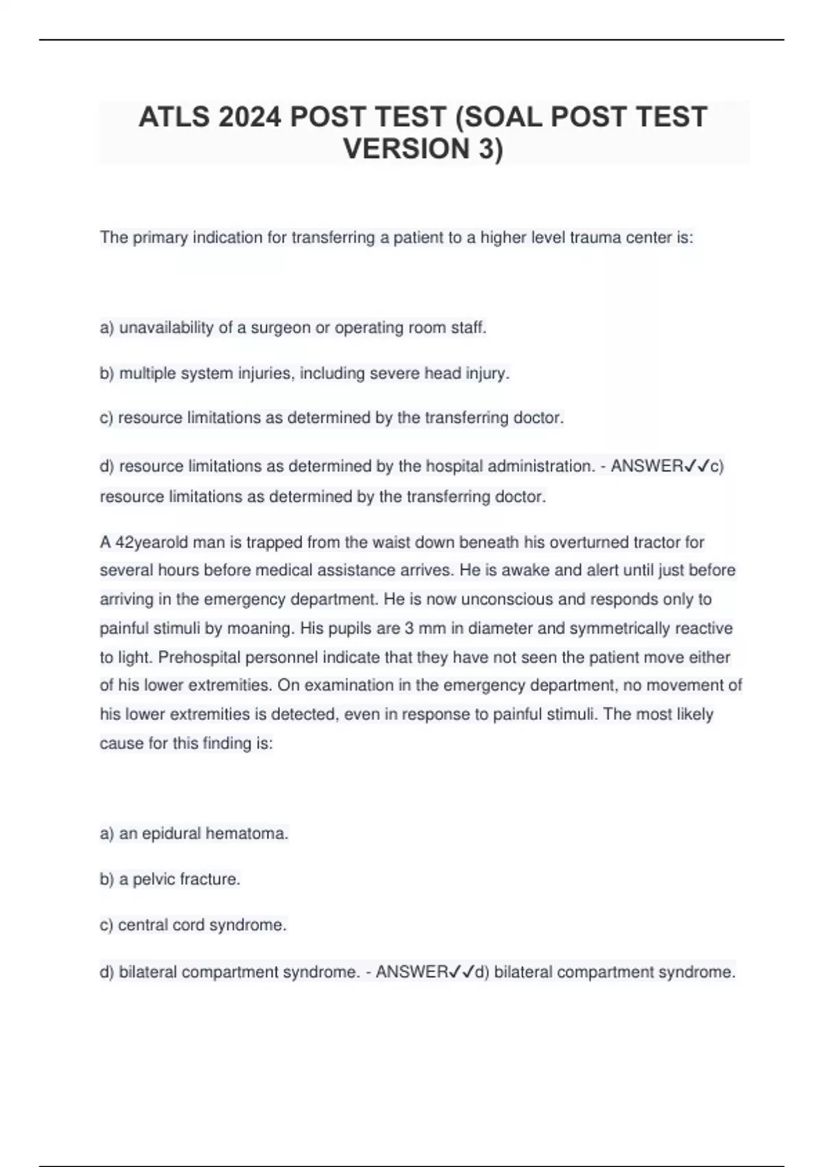ATLS 2024 POST TEST (SOAL POST TEST VERSION 3) - ATLS - Stuvia US