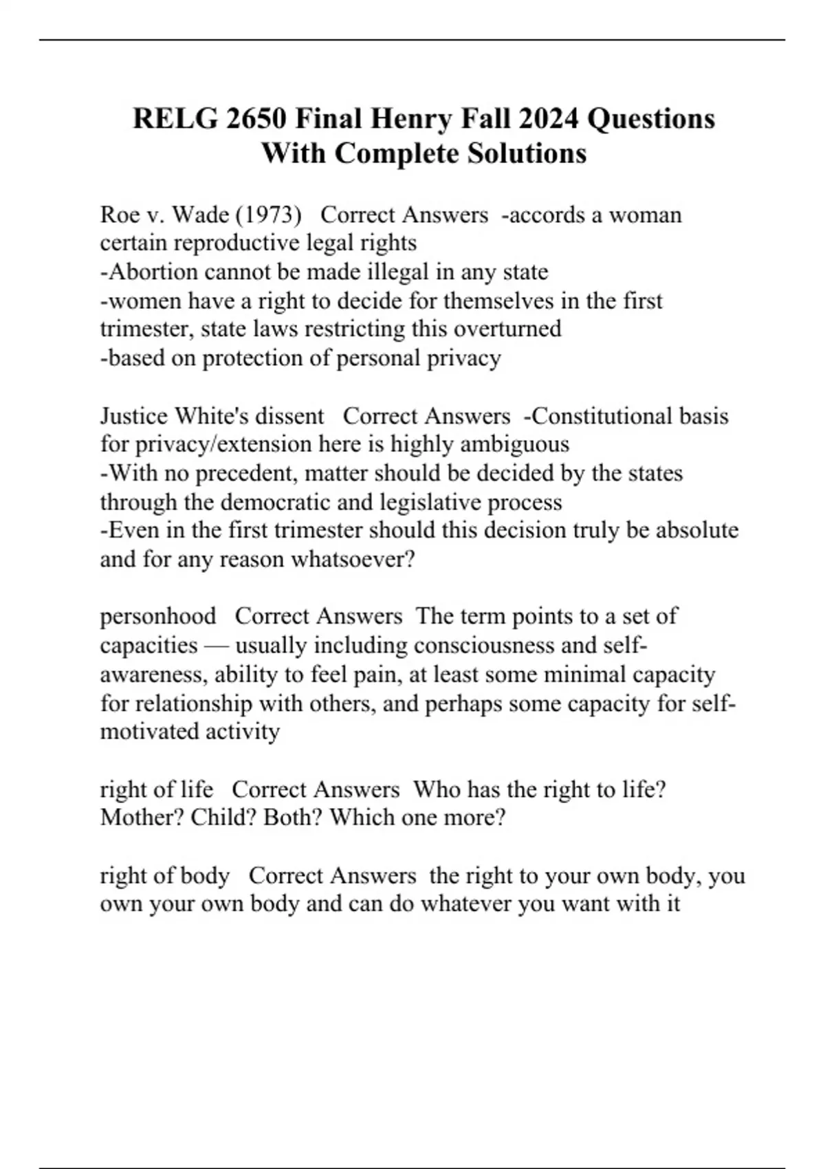 RELG 2650 Final Henry Fall 2024 Questions With Complete Solutions ...