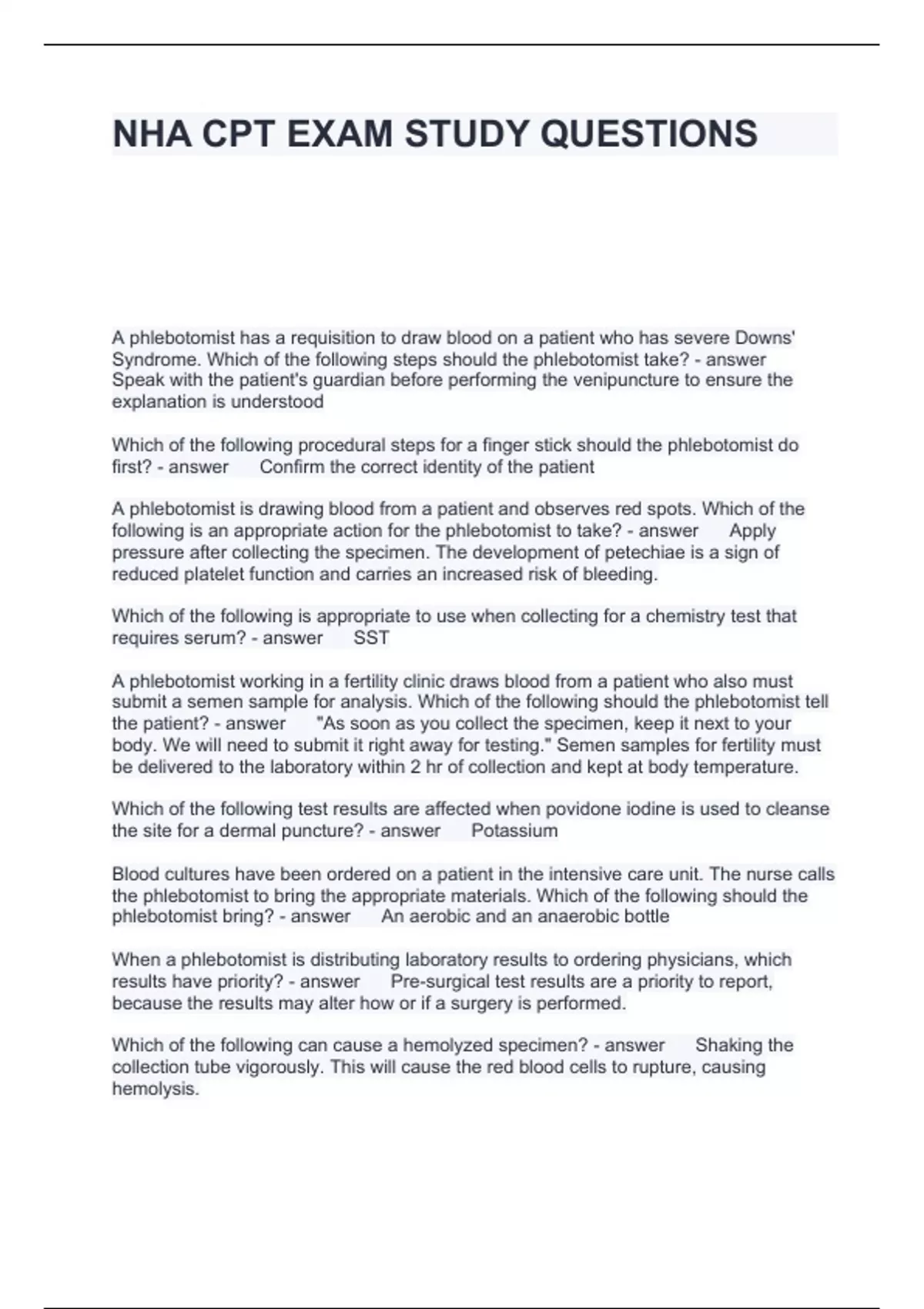 NHA CPT EXAM STUDY QUESTIONS QUESTIONS AND ANSWERS FULLY SOLVED 2024 - NHA CPT - Stuvia US