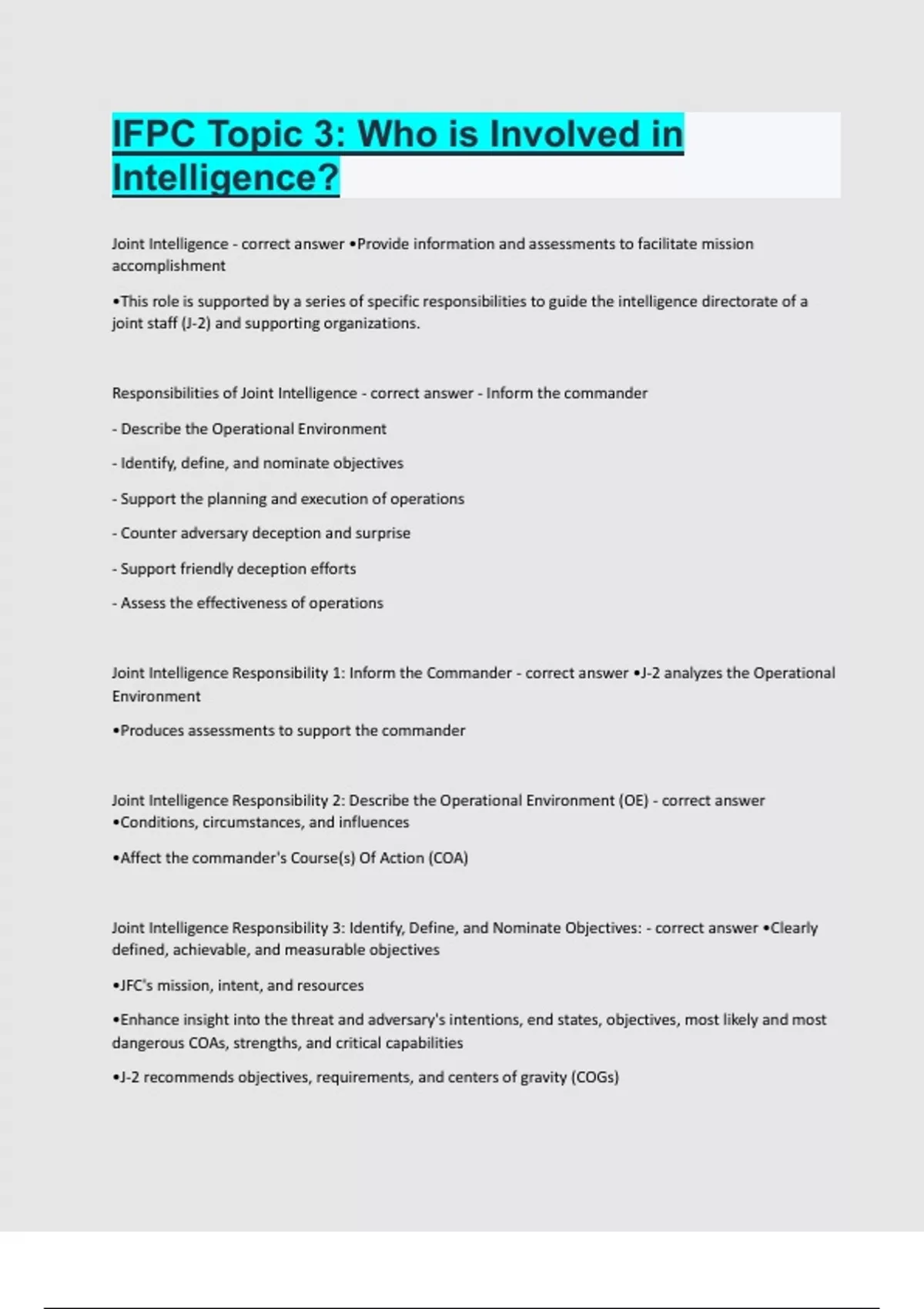 IFPC Topic 3 Who is Involved in Intelligence Questions and answers ...