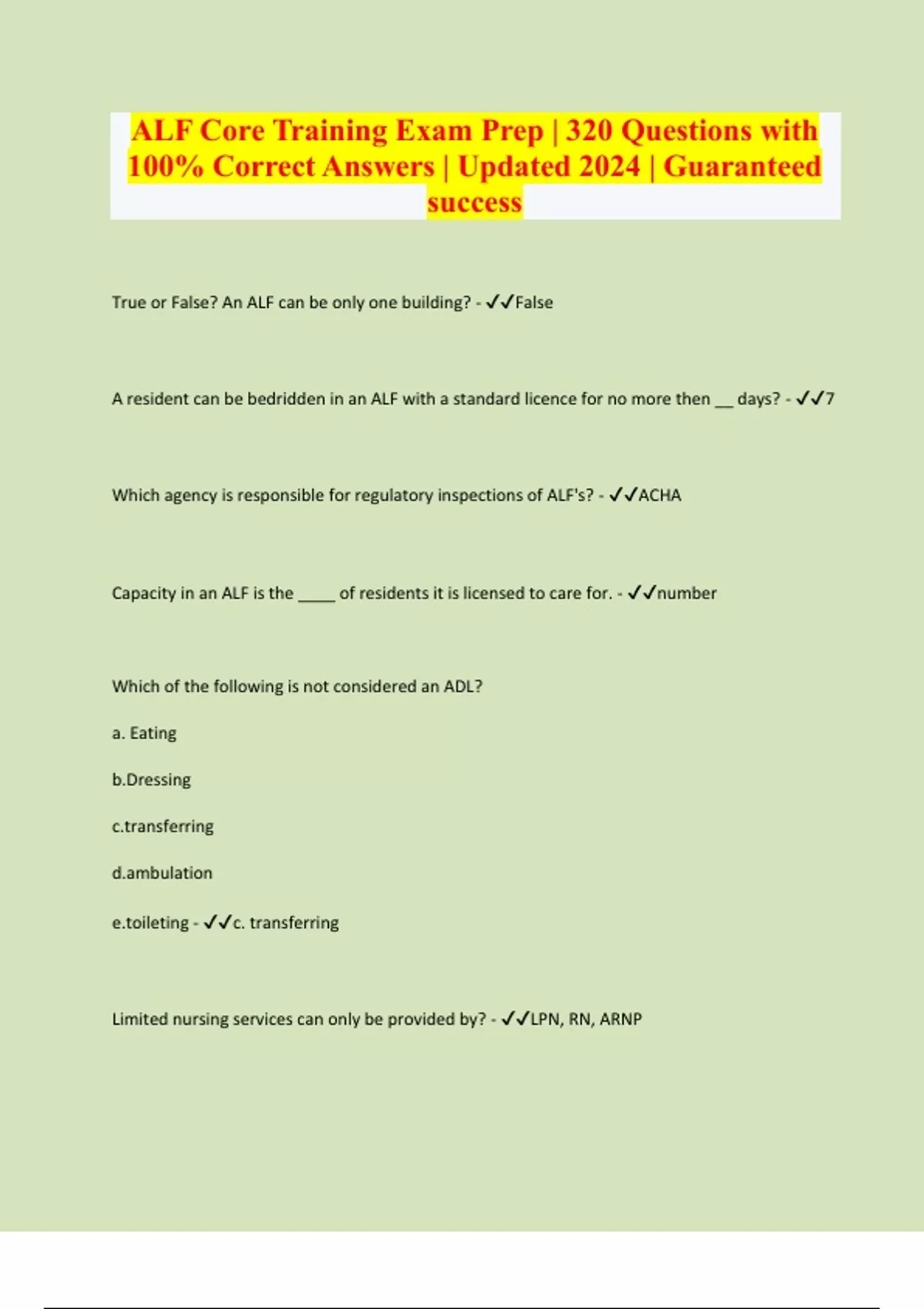 ALF Core Training Exam Prep | 320 Questions with 100% Correct Answers ...