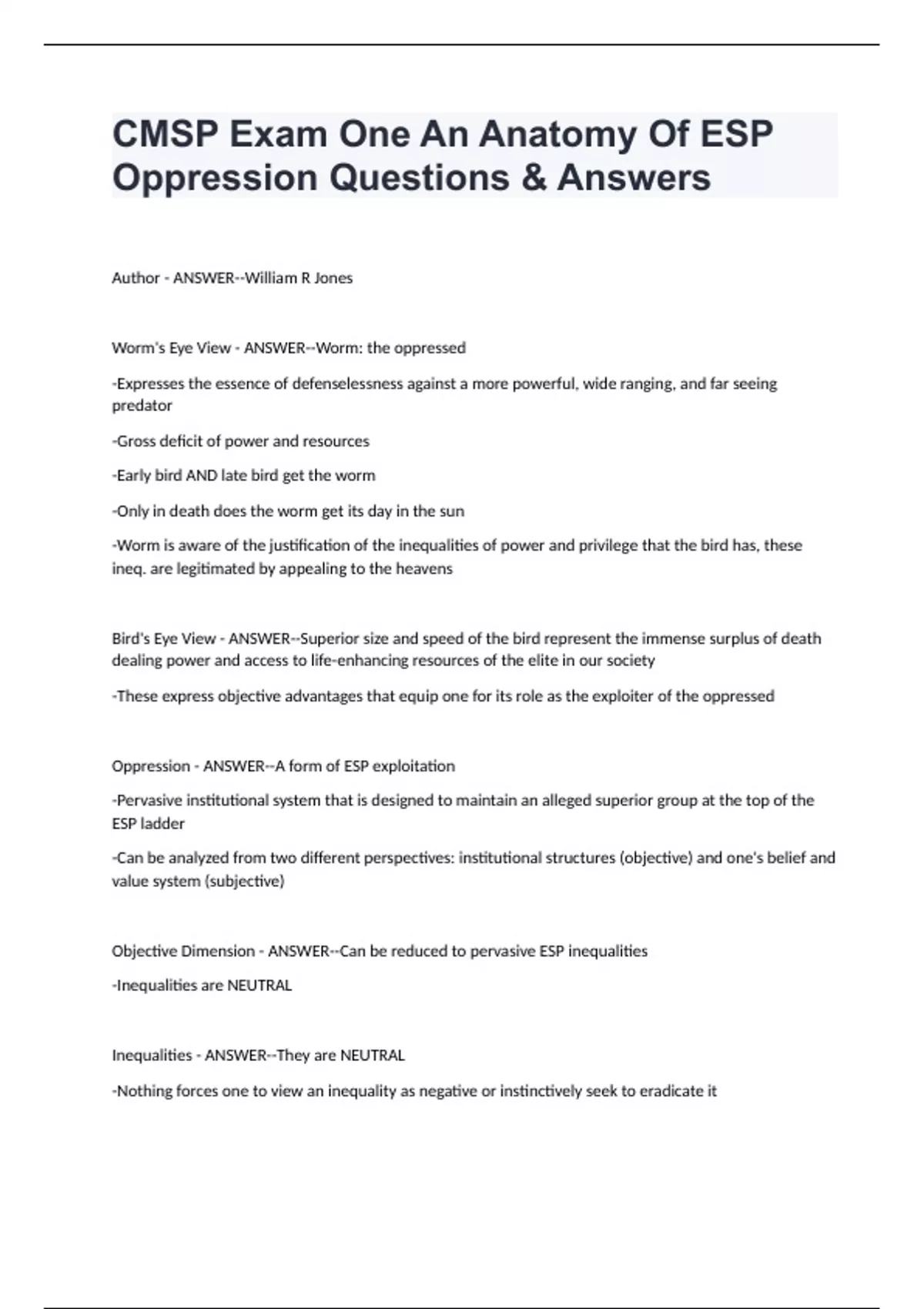 CMSP Exam One An Anatomy Of ESP Oppression Questions & Answers - CMSP ...