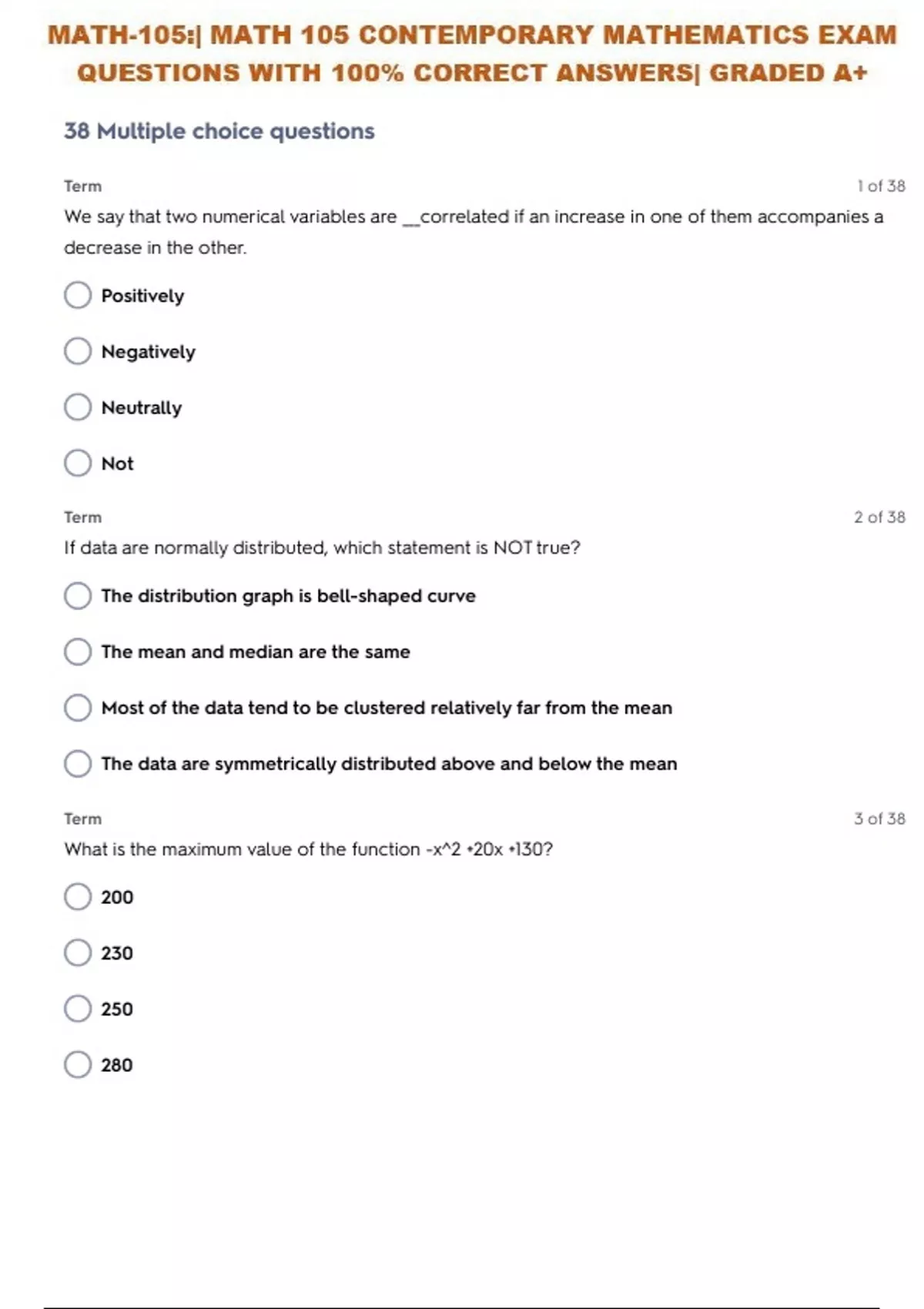 Math 105 Math 105 Contemporary Mathematics Self Test 21 Questions