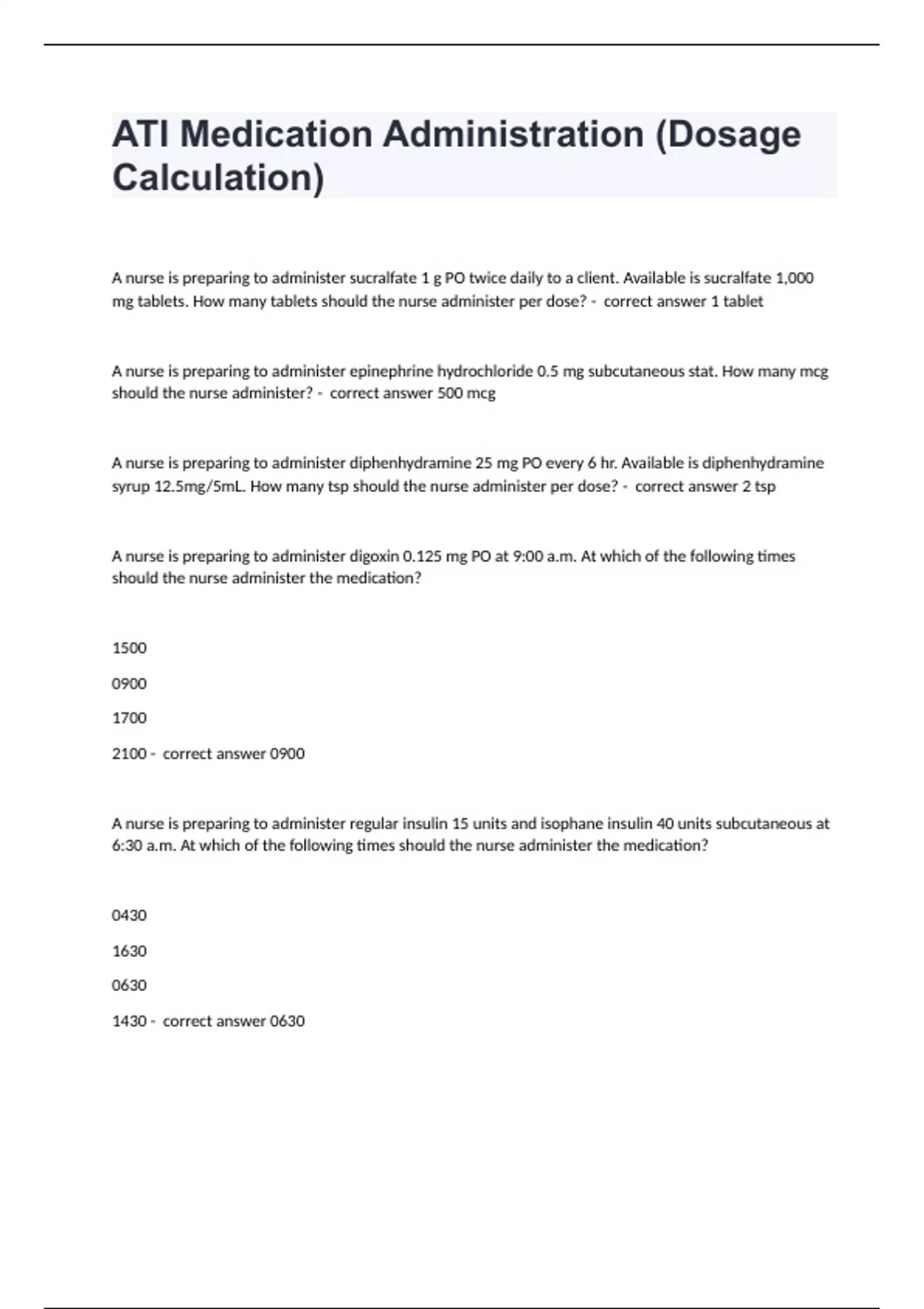 ATI Medication Administration (Dosage Calculation) with 100% correct ...