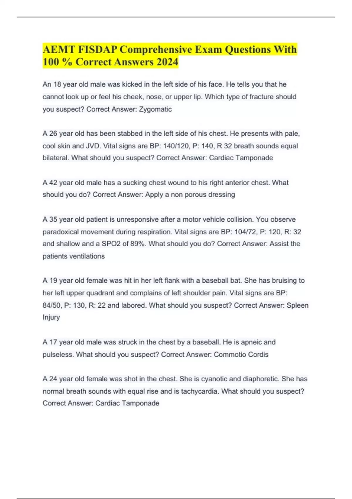 AEMT FISDAP Comprehensive Exam Questions With 100 % Correct Answers ...