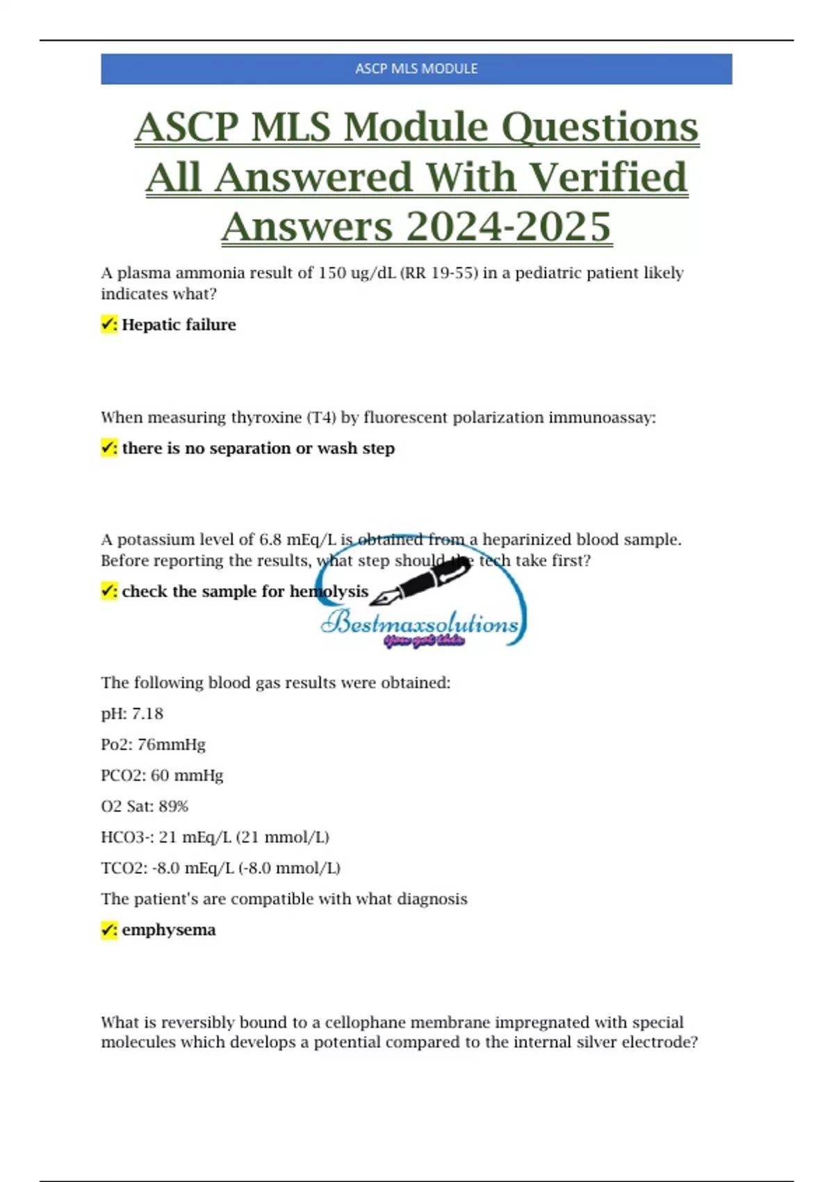 ASCP MLS Module Questions All Answered With Verified Answers - ASCP MLS ...