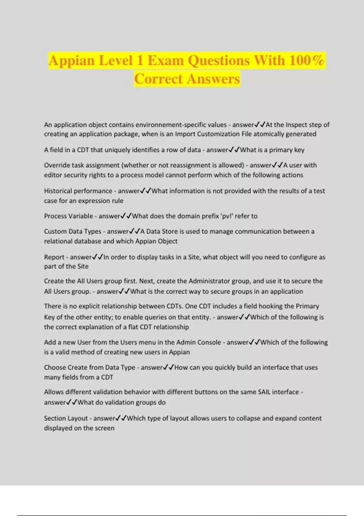 Appian Level 1 Exam Questions With 100% Correct Answers - Appian ...