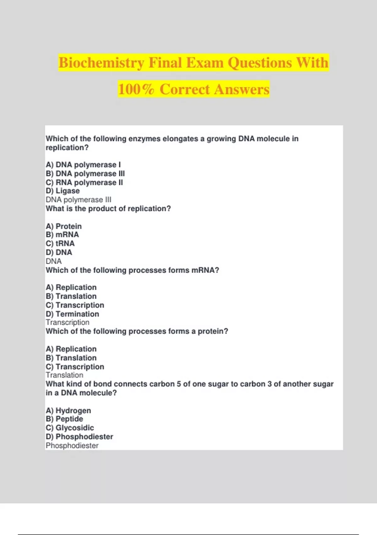 Biochemistry Final Exam Questions With 100% Correct Answers ...