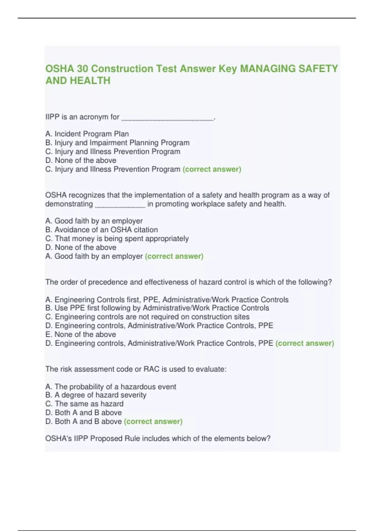 OSHA 30 Construction Test Answer Key MANAGING SAFETY AND HEALTH - OSHA ...