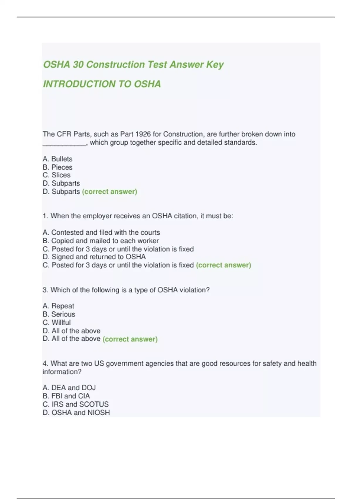 OSHA 30 Construction INTRODUCTION TO OSHA Test Answer Key - OSHA 30 ...