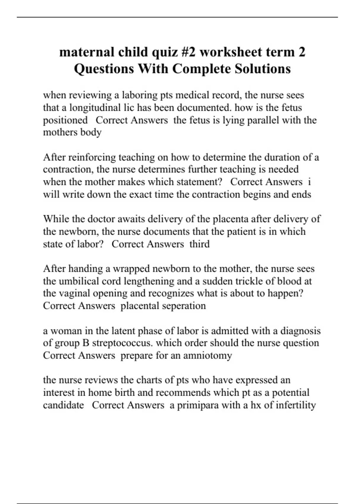 maternal child quiz #2 worksheet term 2 Questions With Complete Solutions - Maternal child ...